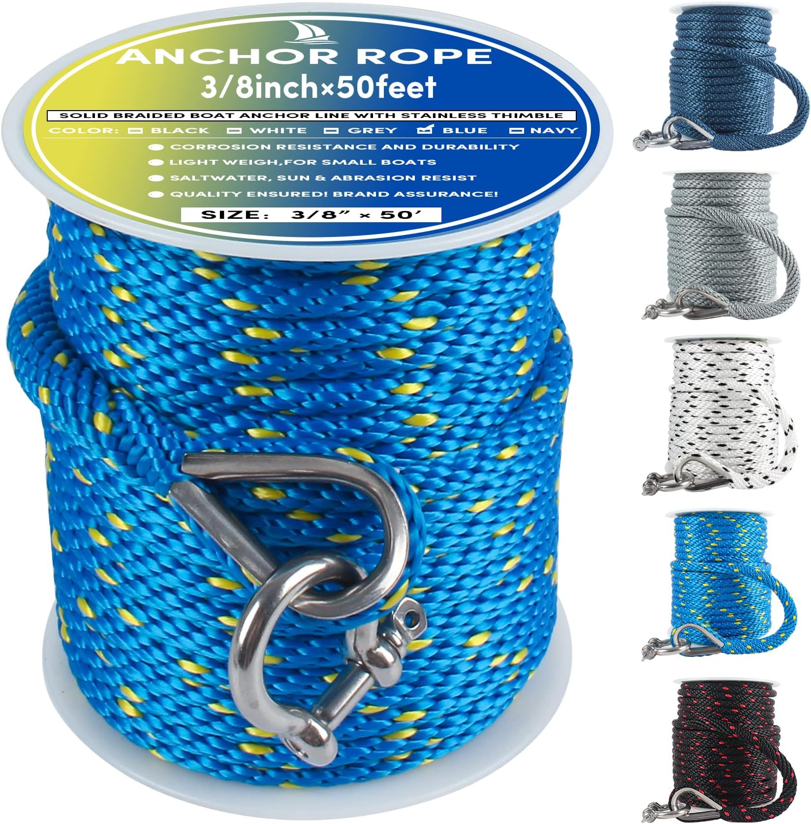 Amazon.com: Premium Anchor Rope 50 ft x 3/8 inch, Solid Braid MFP ...
