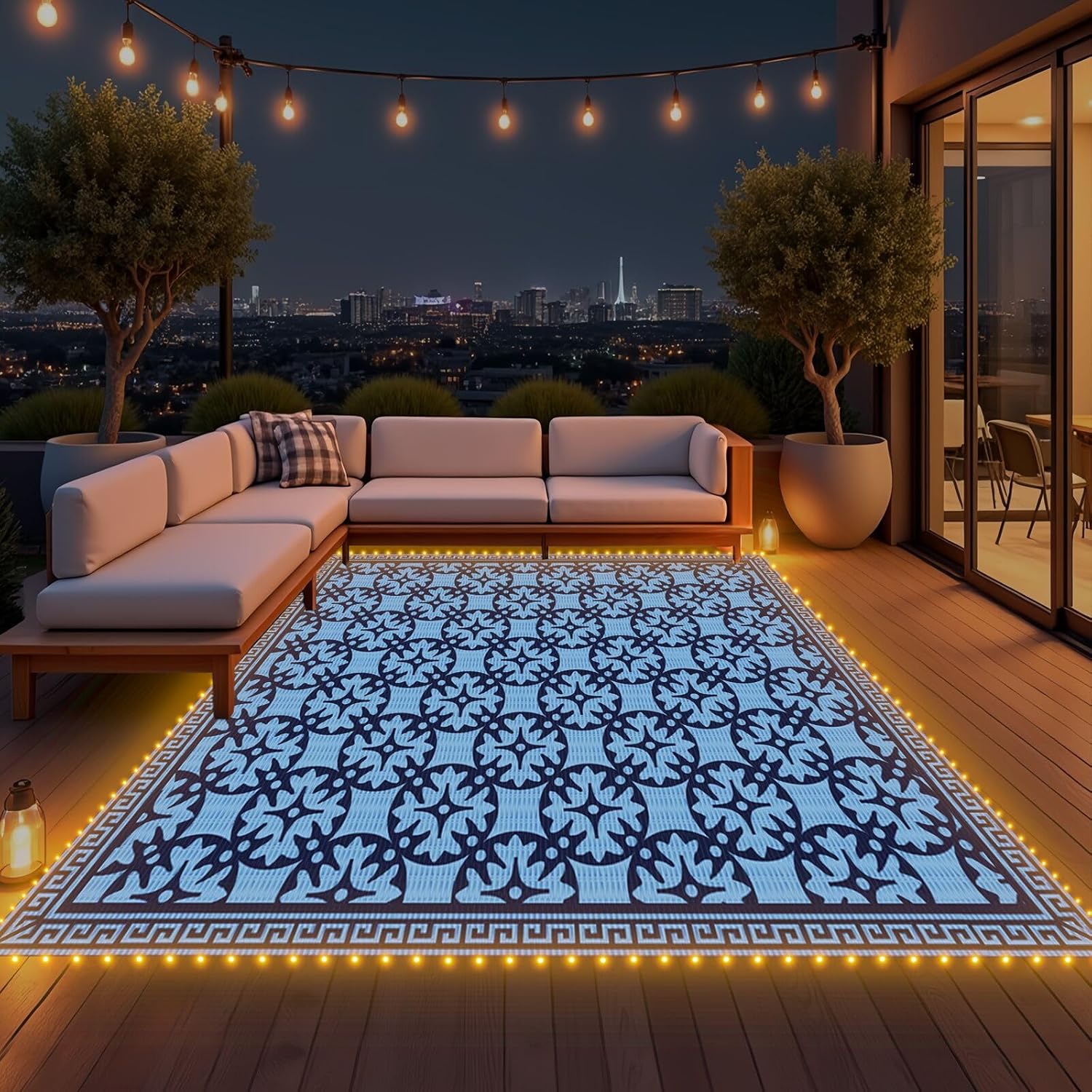 OPL5 Outdoor Floor Rug with Led Strip Lights, 6'x9' Reversible Plastic ...