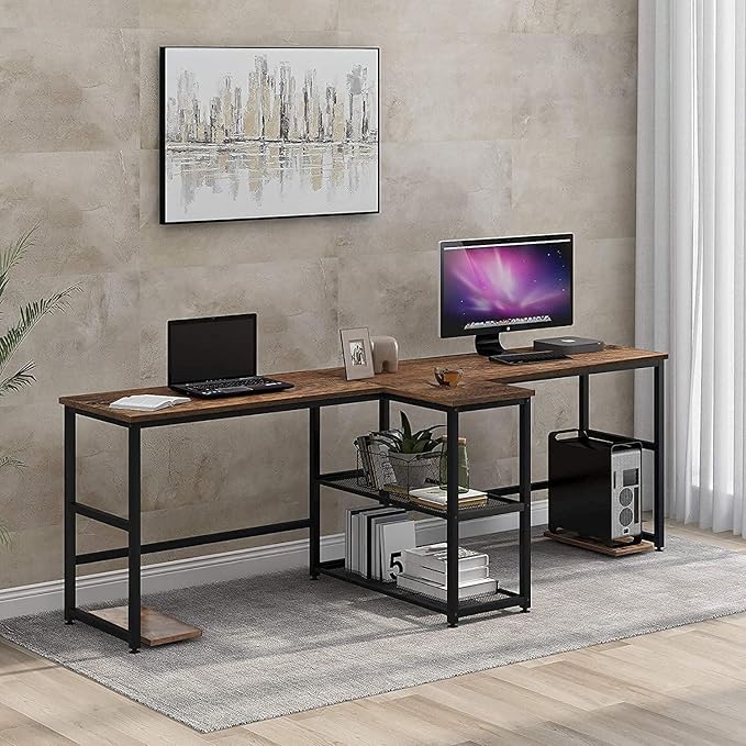 TEKAVO-Double Computer Table with Storage, Two People Workstation ...
