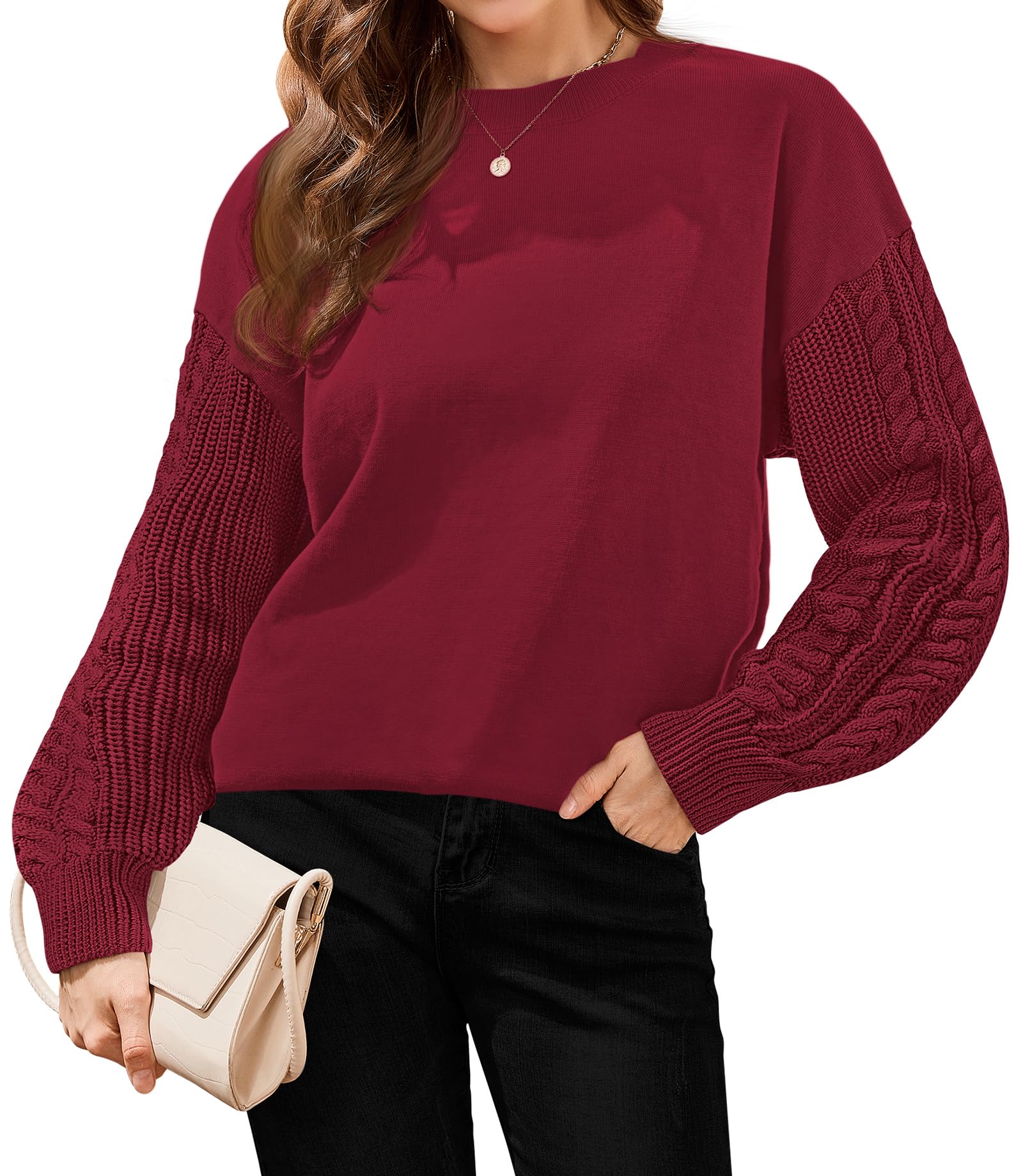 Womens Sweaters 2023 Fall Long Sleeve Cable Knit Crewneck Solid Color ...