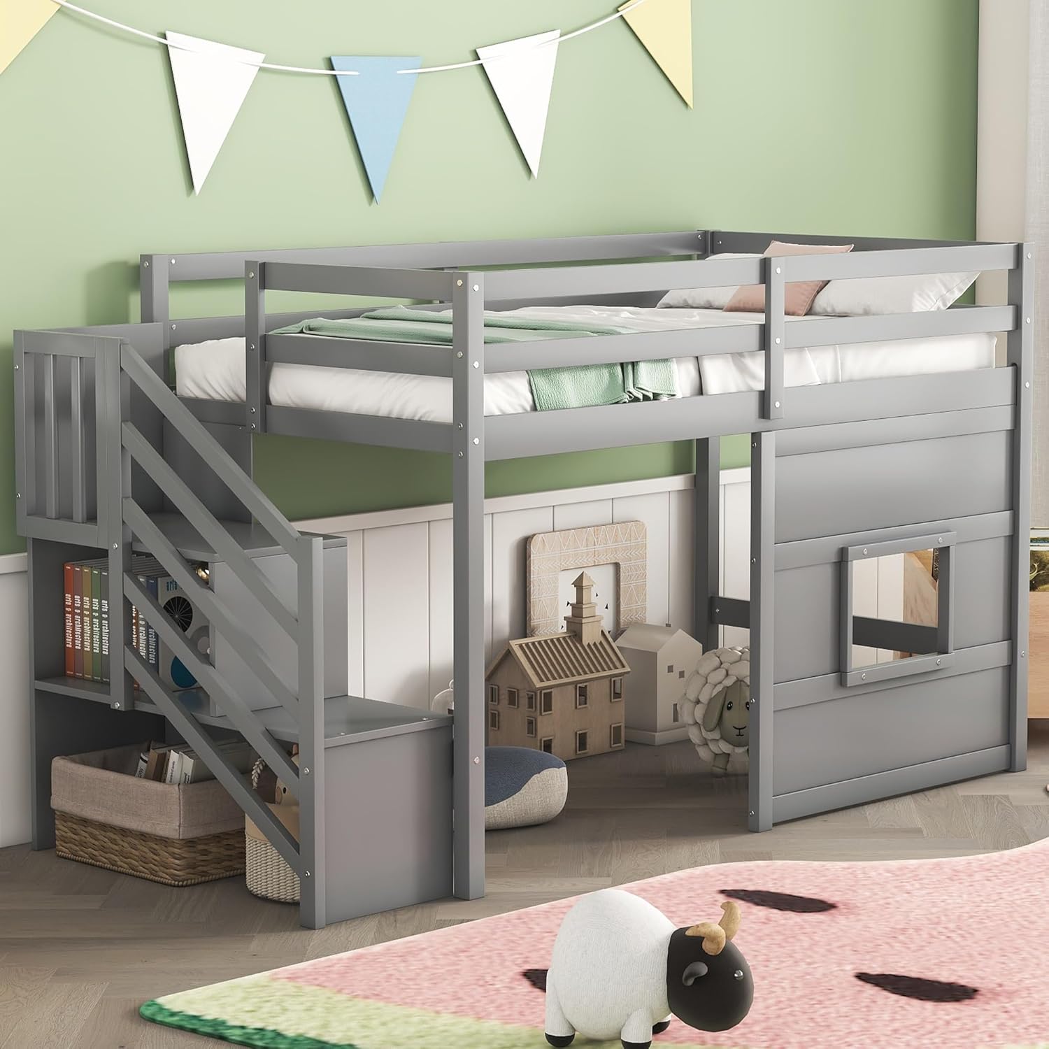 Amazon.com: Harper & Bright Designs Twin Size Low Loft Bed with Stairs ...