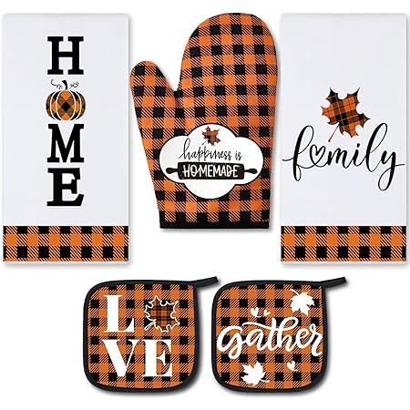 Amazon.com: 5 Pieces Thanksgiving Buffalo Plaid Dish Towels Pot Holders ...