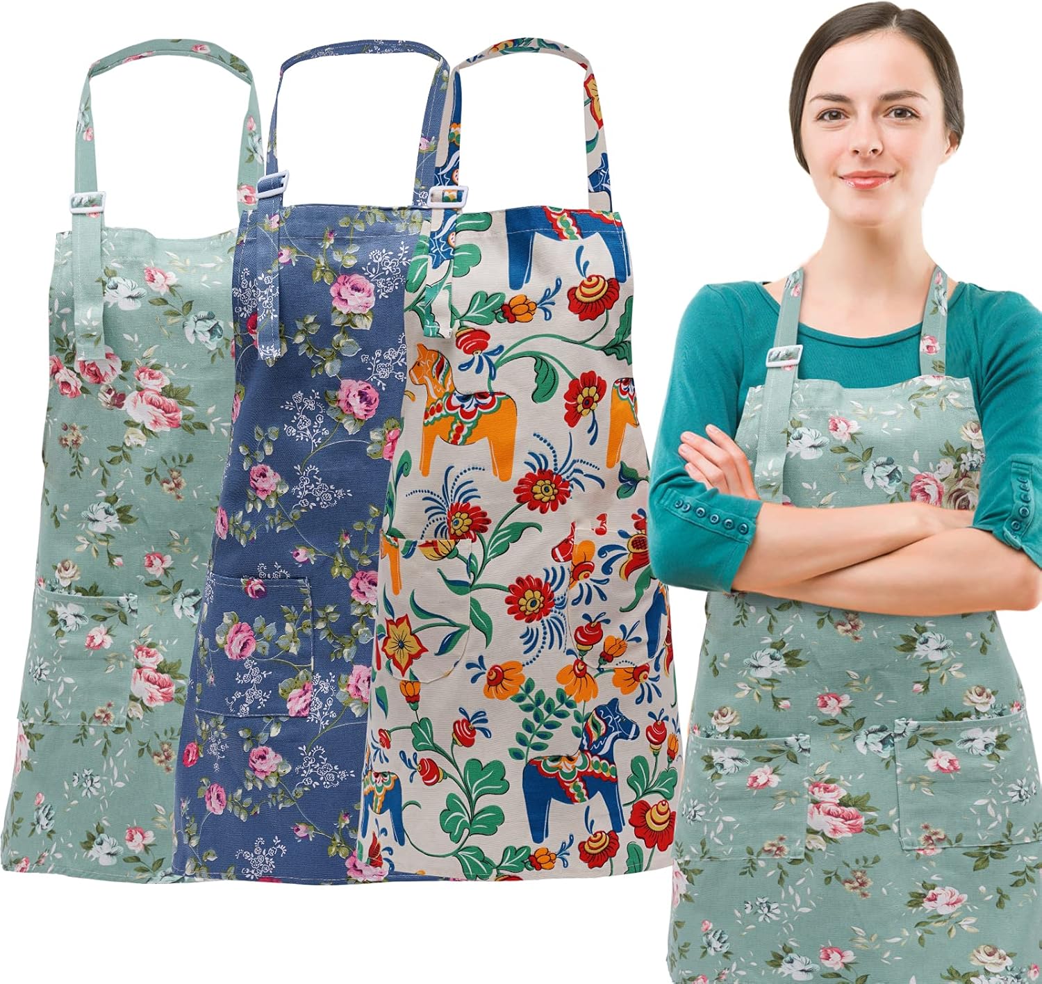 3 Pieces Kitchen Aprons for Women,Adjustable Kitchen Floral Aprons with ...