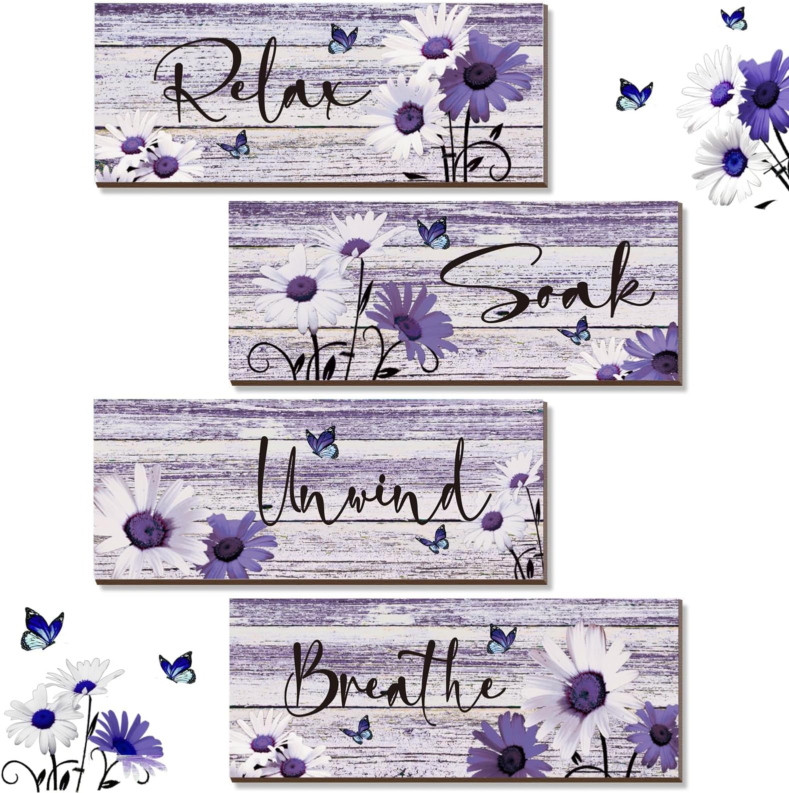 Amazon.com: 4 Pieces Blue Rose Bathroom Wall Decors Wall Art Wooden ...