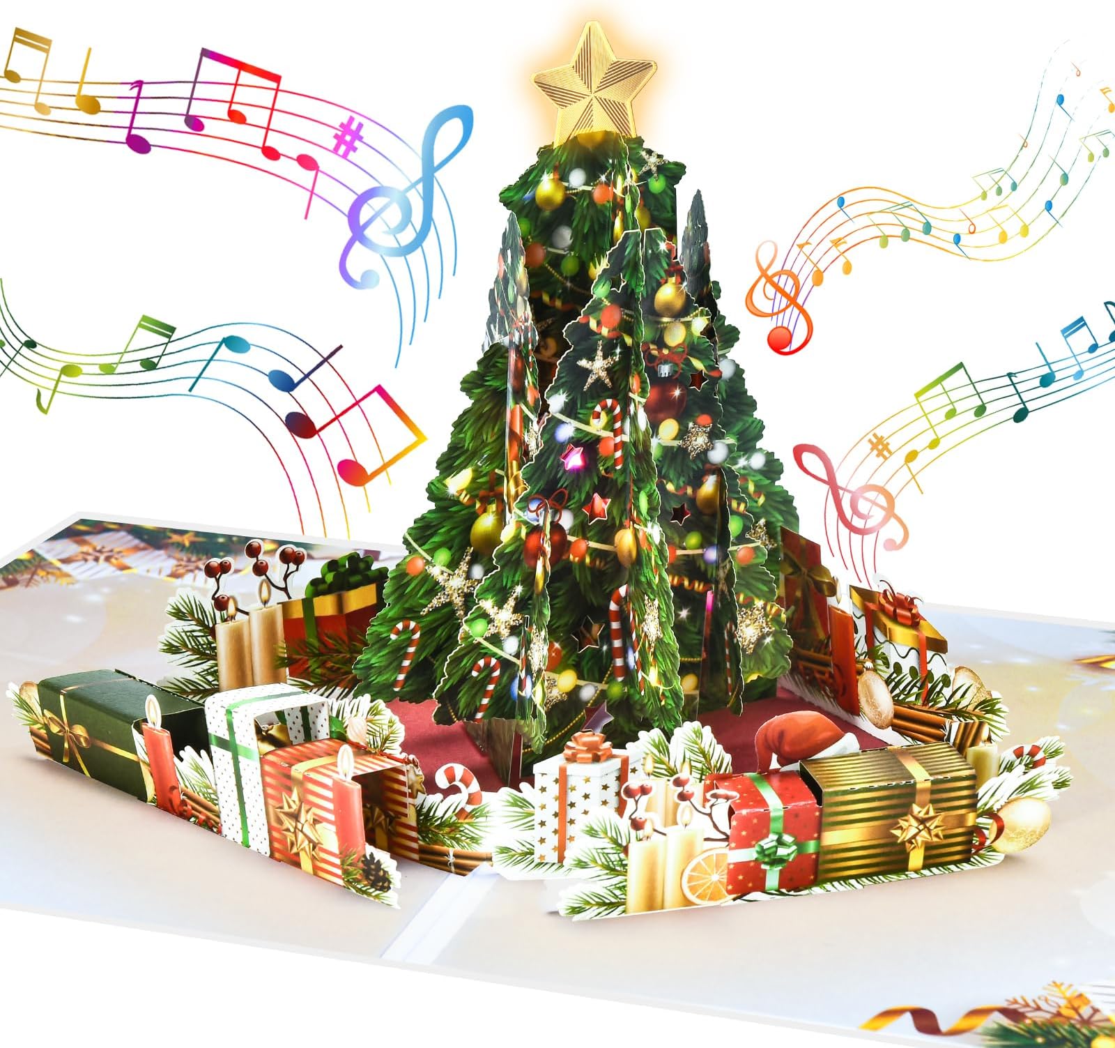 Venhoo Cartes de Noël pop-up avec lumière et musique, motif sapin de ...