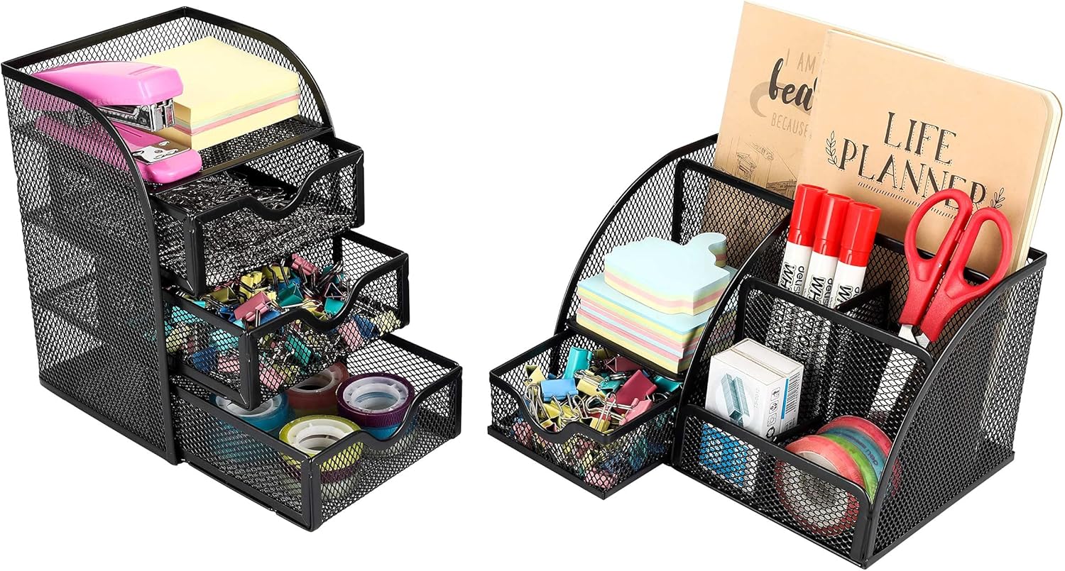 TQVAI Mesh Office Desktop Supplies Organiser 2 Pieces – 6 Compartments ...