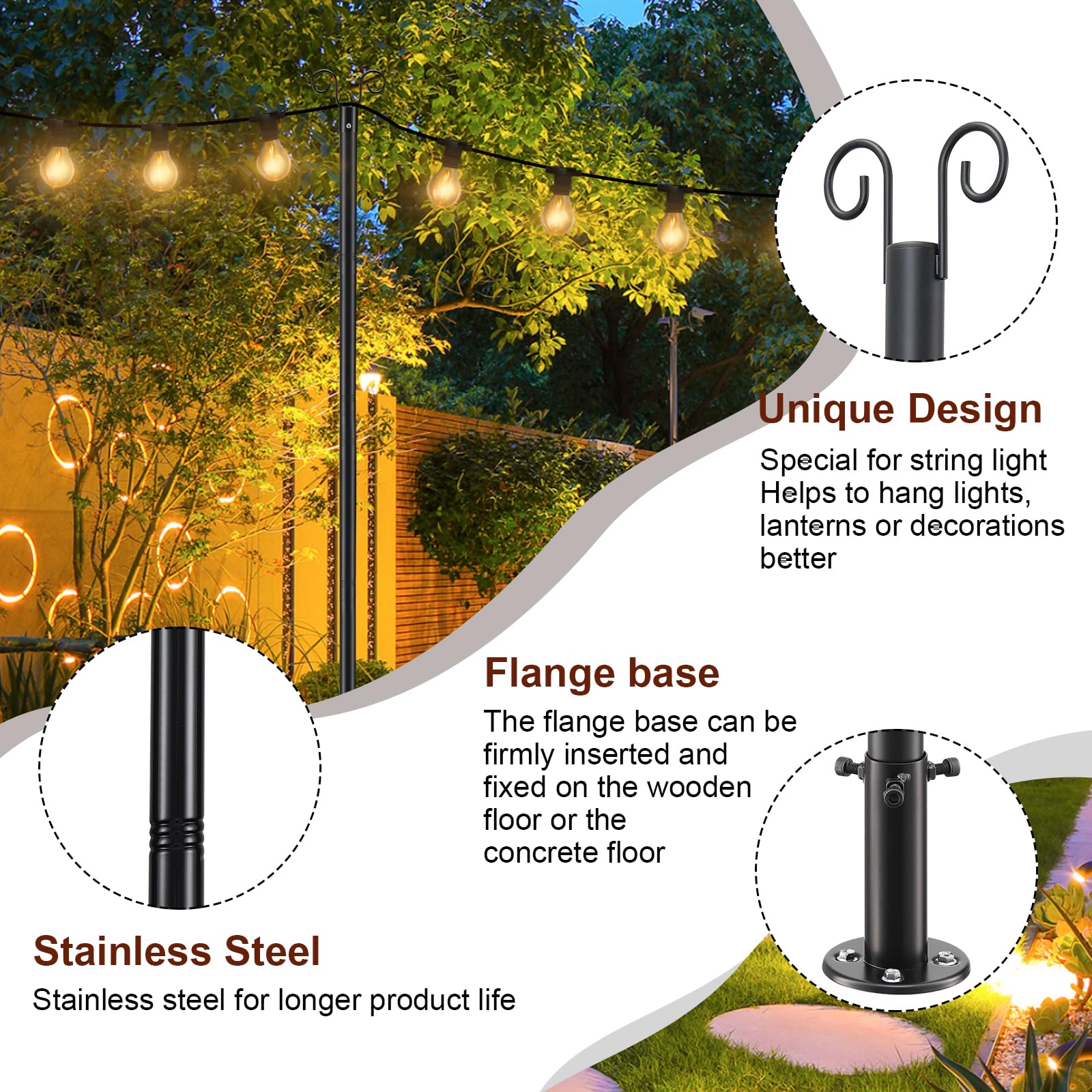 Snapklik.com : 5.6FT Outdoor String Light Poles - 2 In 1 Upgrated Black ...