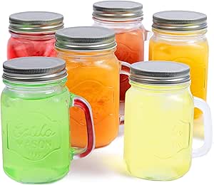 Amazon.com: Estilo Mason Jar, 16 oz, Set of 6, Glass Drinking Cups with Handles, Tin Lids ...