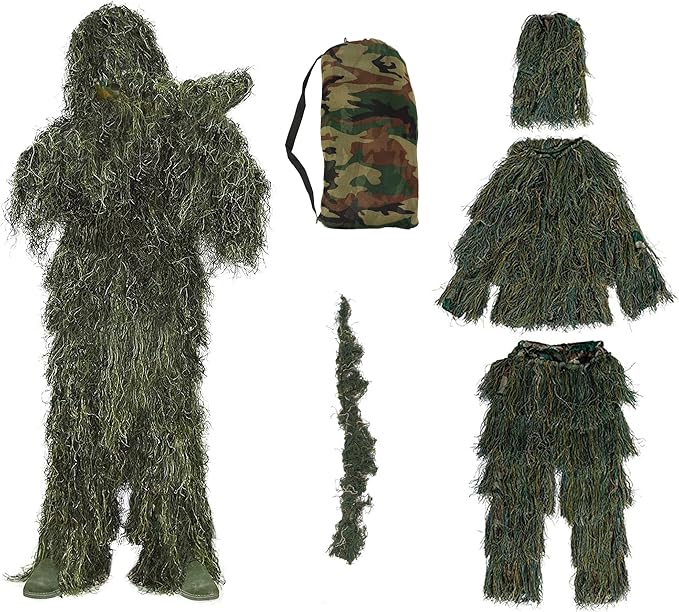 aleawol 5 in 1 Ghillie Suit Adult Airsoft, Hybrid Woodland Camouflage ...