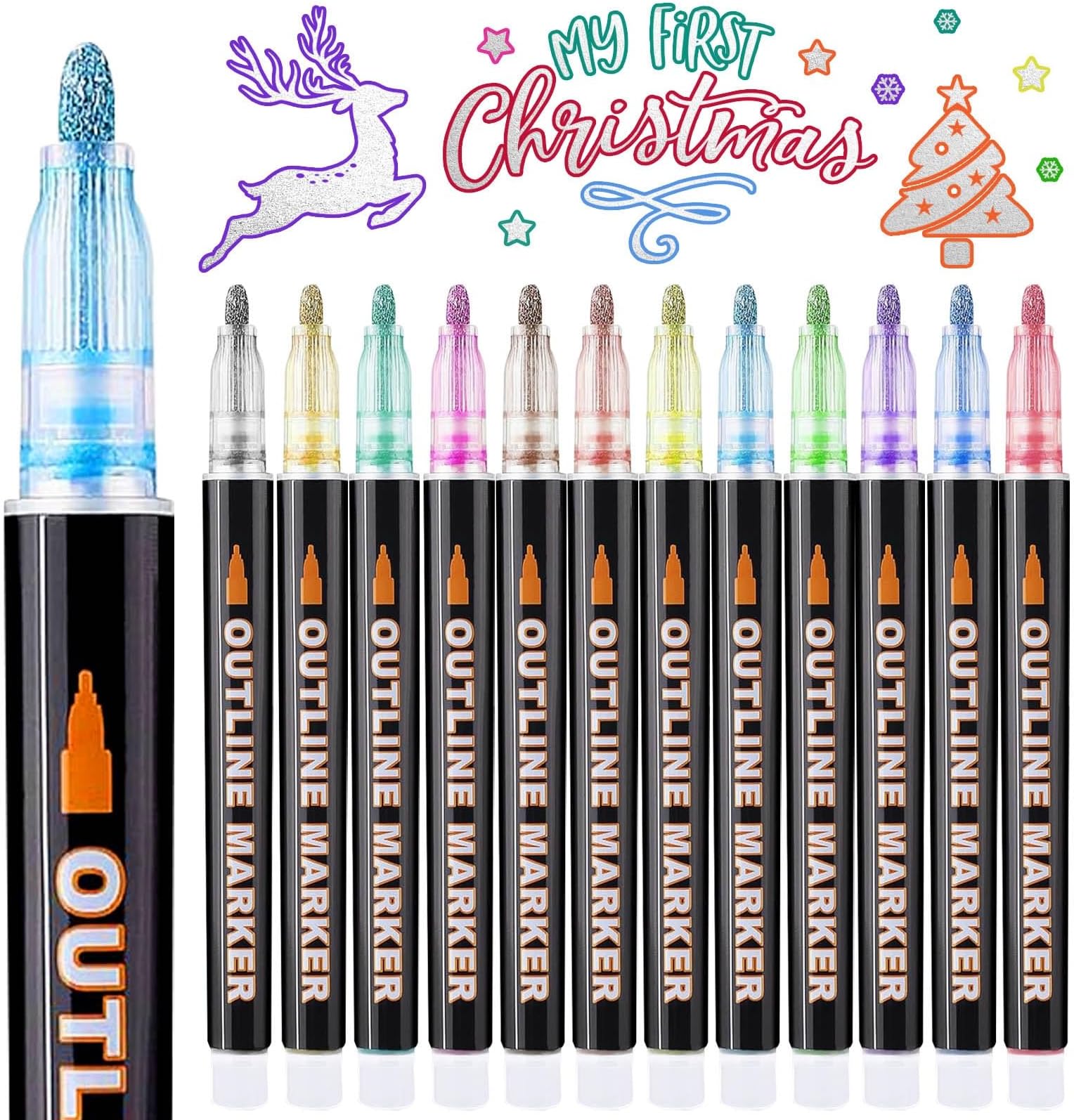 Double Line Outline Pens, 12 Colours Glitter Pens Metallic Outline ...