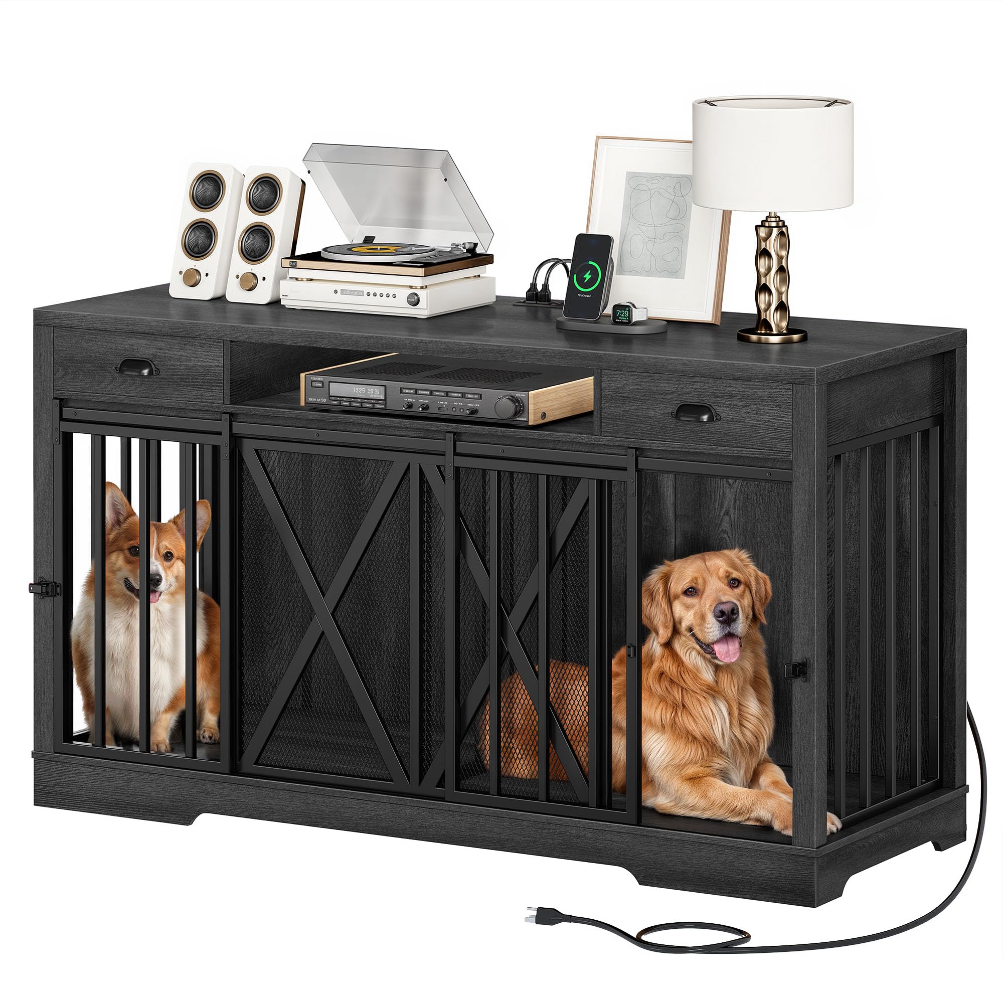 Amazon.com : DWVO 63 Inch Double Dog Crate Furniture for 2 Dogs, Heavy ...
