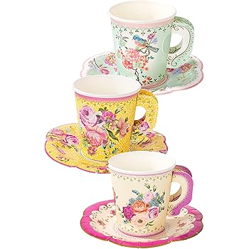 Amazon.com | 24 Disposable Tea Party Cups 5 oz 3" 24 Saucers 5" Paper ...