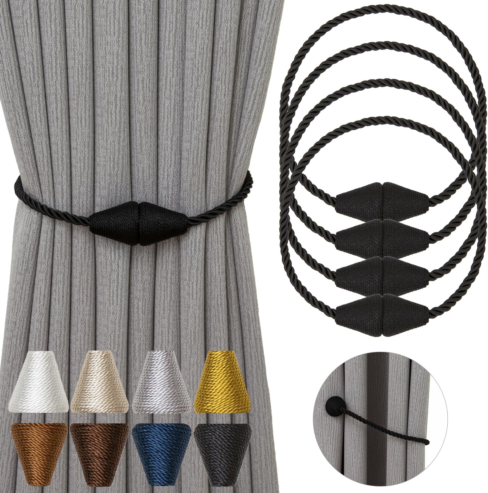 Amazon.com: 4 Pack Black Magnetic Curtain Tiebacks - Decorative ...