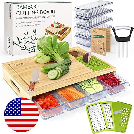 Amazon.com: YANs Bamboo Cutting Board with Containers for Easy Meal ...