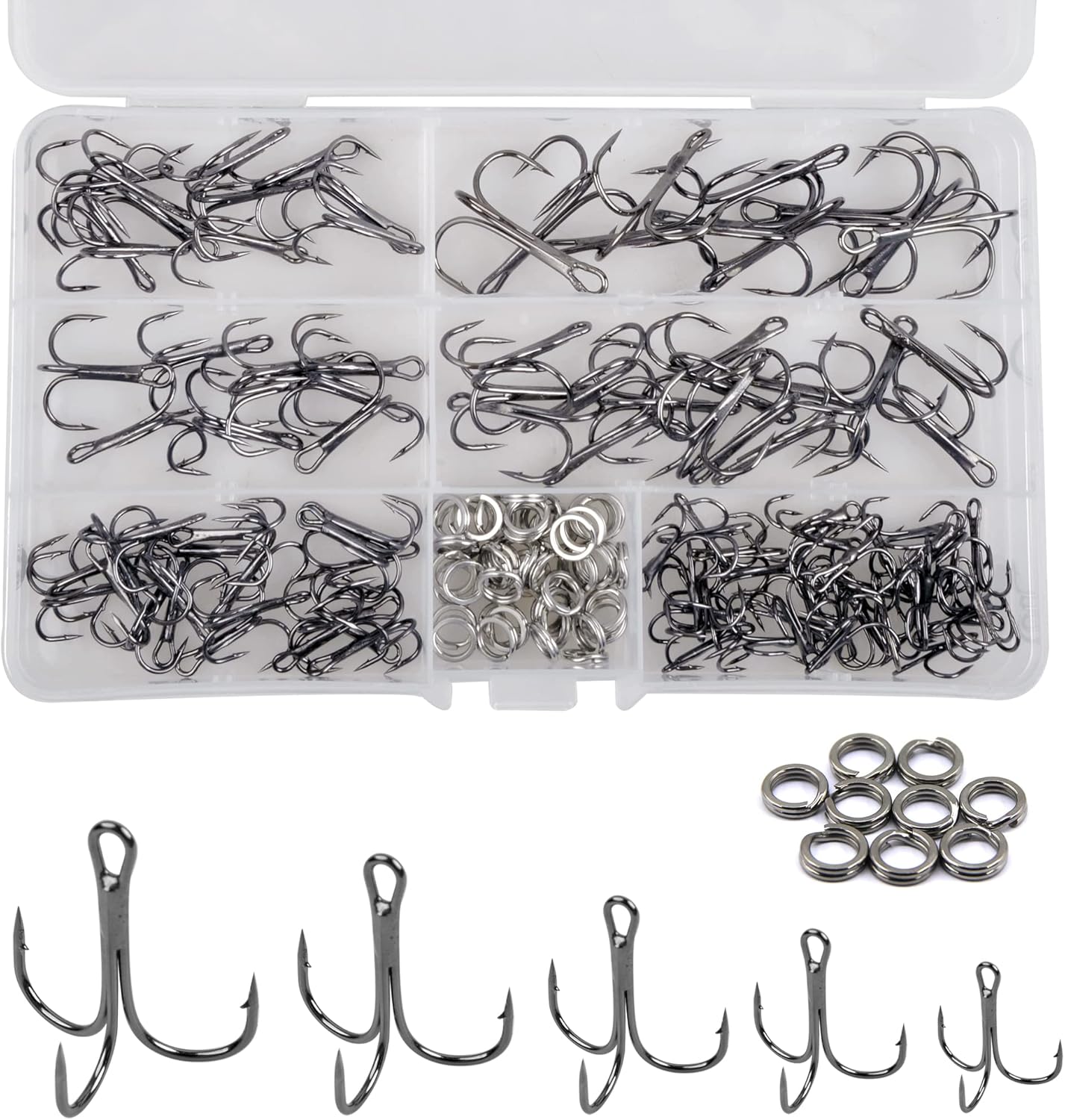 Fishing Treble Hooks Kit with Split Rings, 150pcs/box Sharp Round Bend ...
