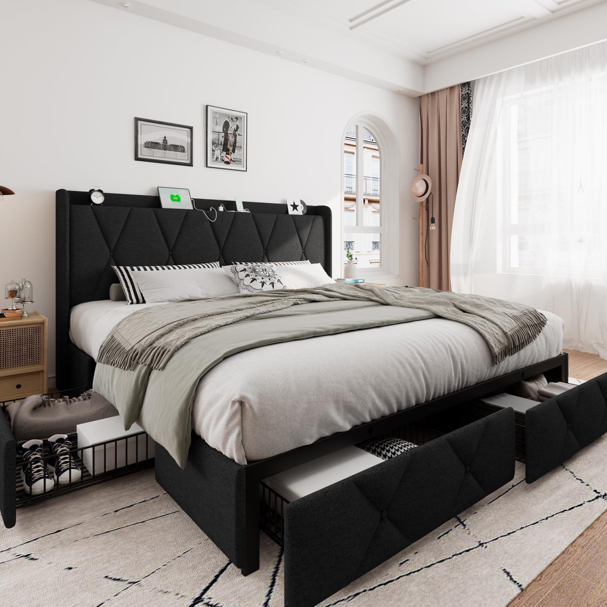 Amazon.com: iPormis King Size Bed Frame with 4 Storage Drawers ...