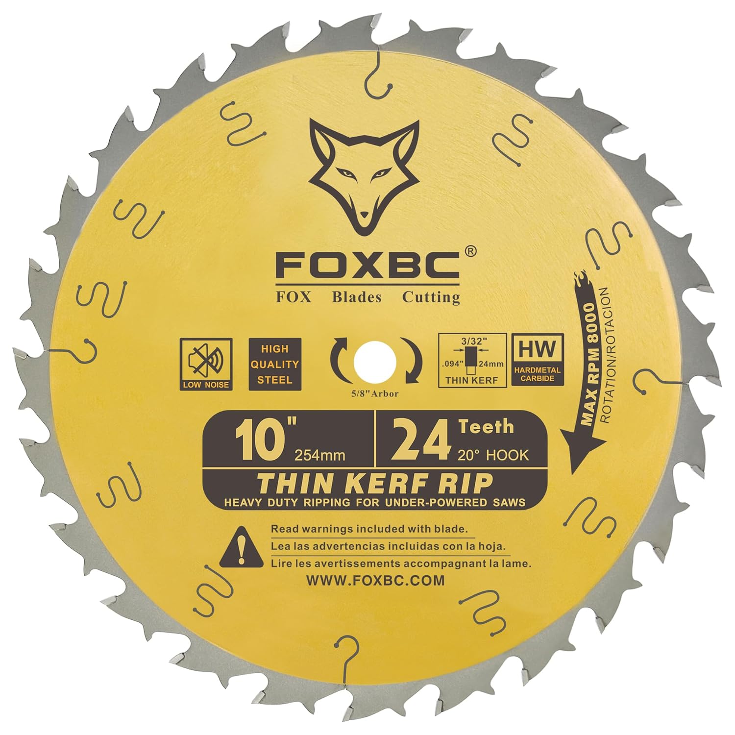 FOXBC 10-Inch Table Saw Blade, 24-Tooth, Wood Cutting, 5/8-Inch Arbor ...