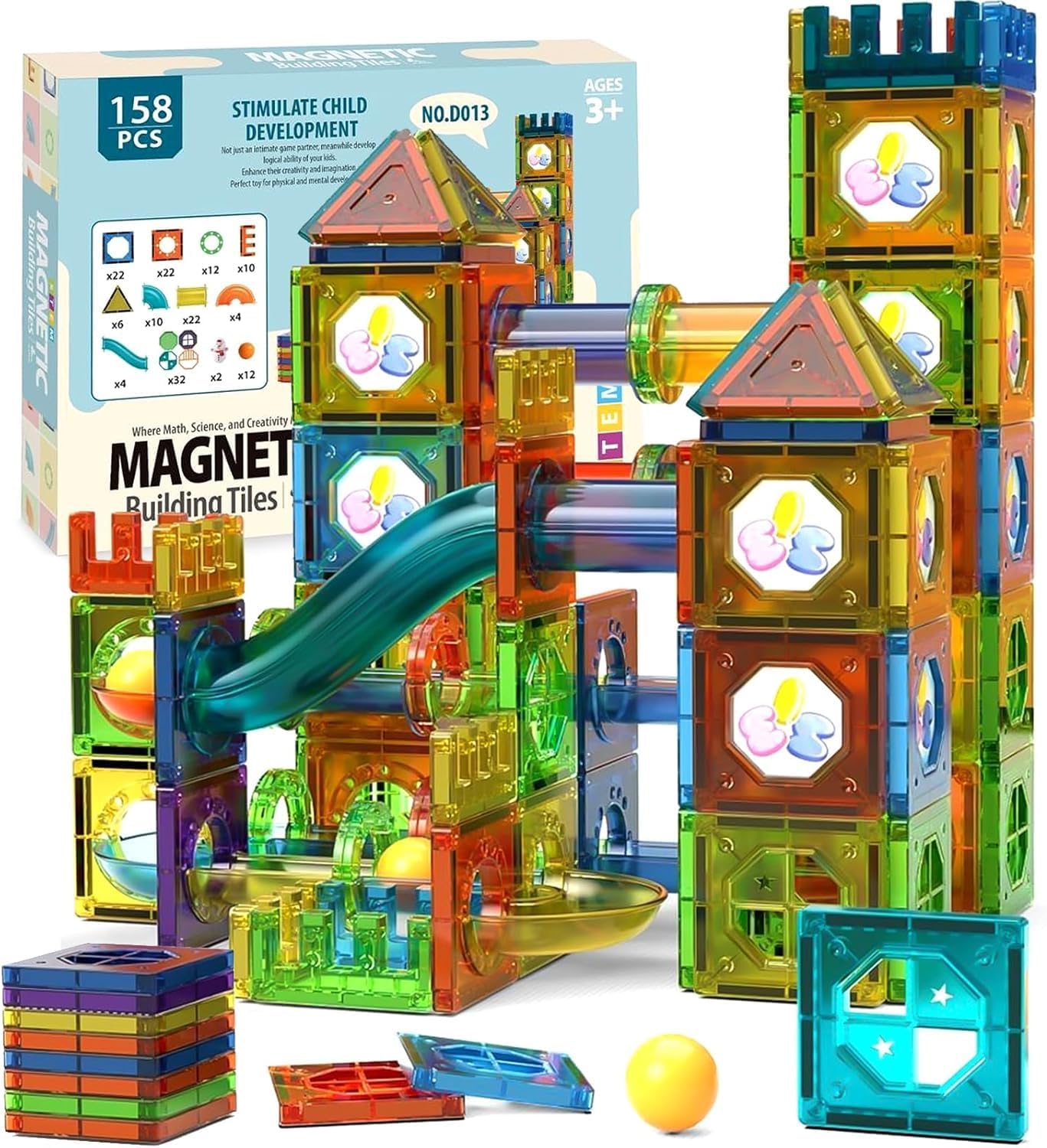 Magnetic Tiles 158pcs Magnetic Blocks 3D Building Set Marble Run Race ...