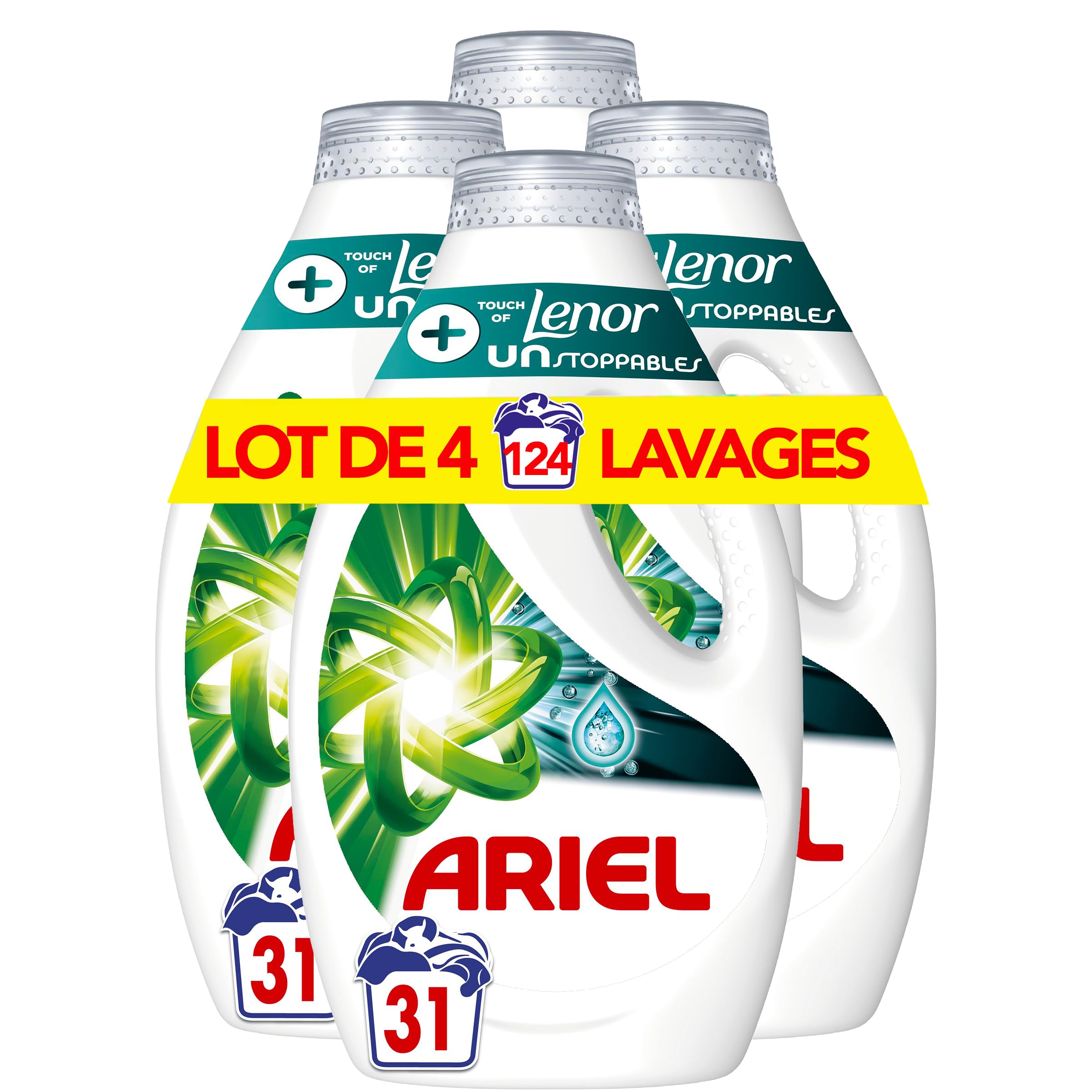 Ariel Lessive Liquide, 124 Lavages (4x31), Unstoppables Touche de Lenor ...