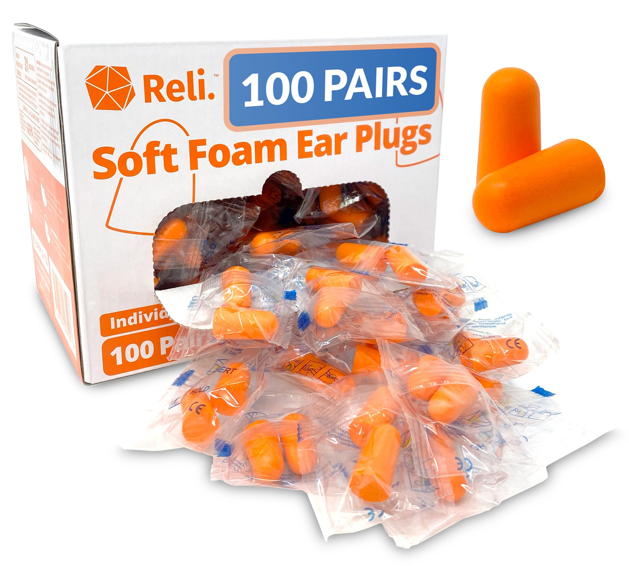 Amazon.com: Reli. Foam Ear Plugs (100 Pairs Bulk), Individually Wrapped ...