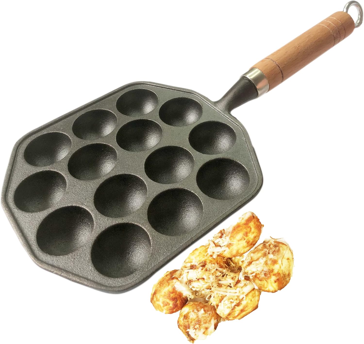 Amazon.com: Heaunzy takoyaki pan,Cast iron,Japan Beech Wooden handle ...