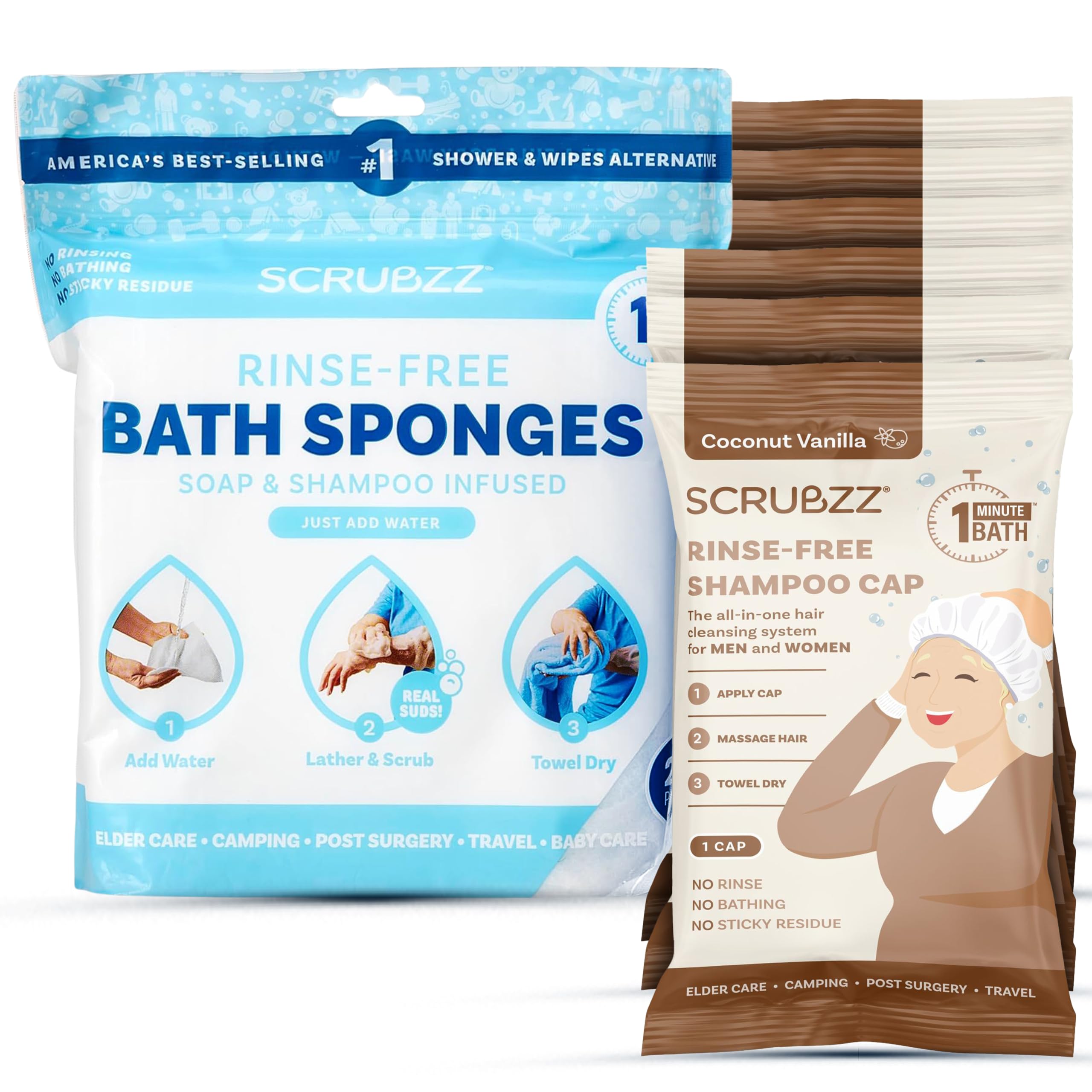 Amazon.com: Scrubzz Rinse Free Bathing Sponges and Coconut Vanilla ...
