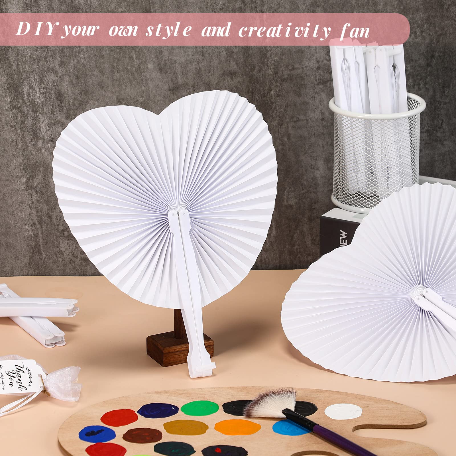 Gerrii 50 Pcs Folding Handheld Fans Paper White Wedding Fans Heart ...