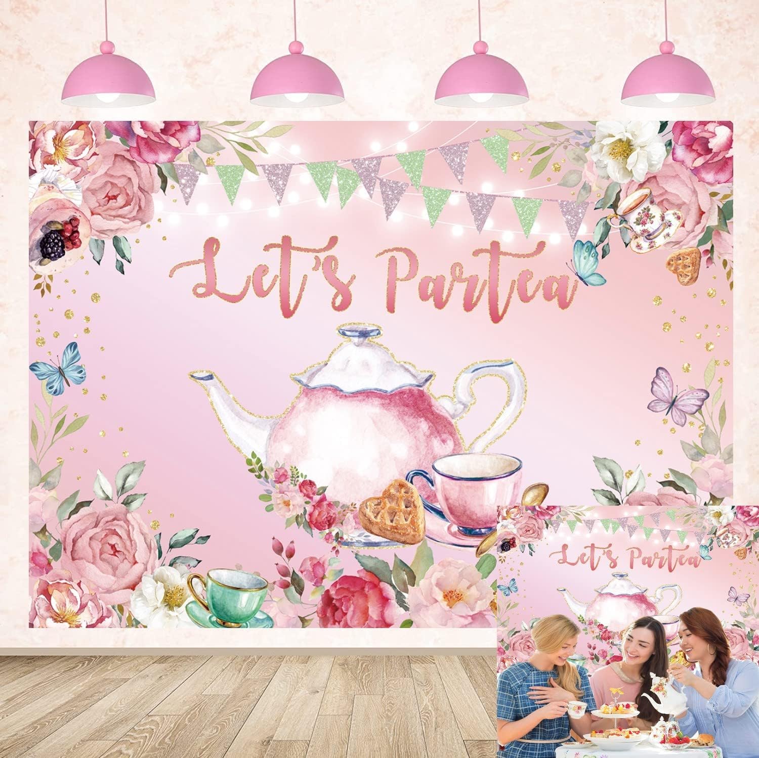 Amazon.com : Let's Partea Backdrop Spring Pink Floral Butterfly Glitter ...