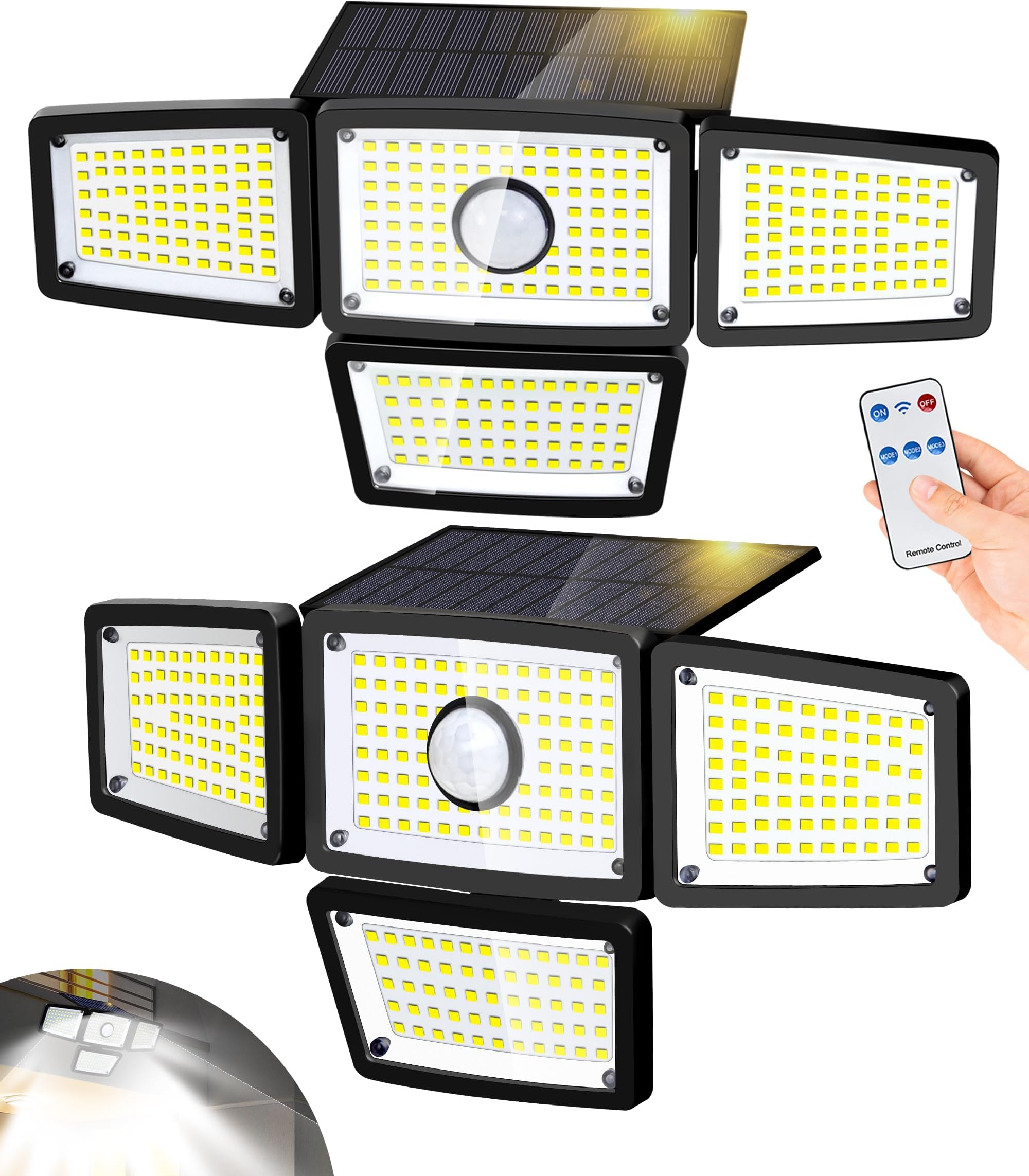 FAXBOX 4 Heads Sensor Lamp Solar, Motion Sensor Outdoor Lights 3000LM ...