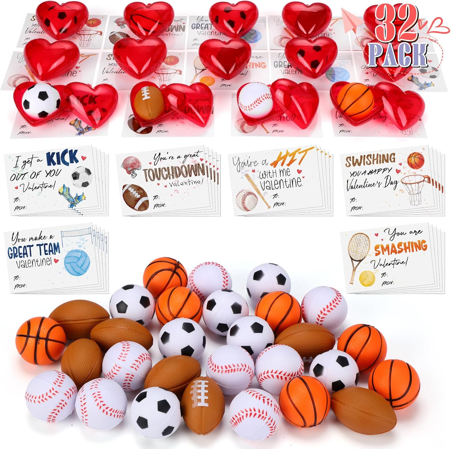 Amazon.com: Motionchic 32 Sets Kids Valentine Day Sports Bouncy Ball ...