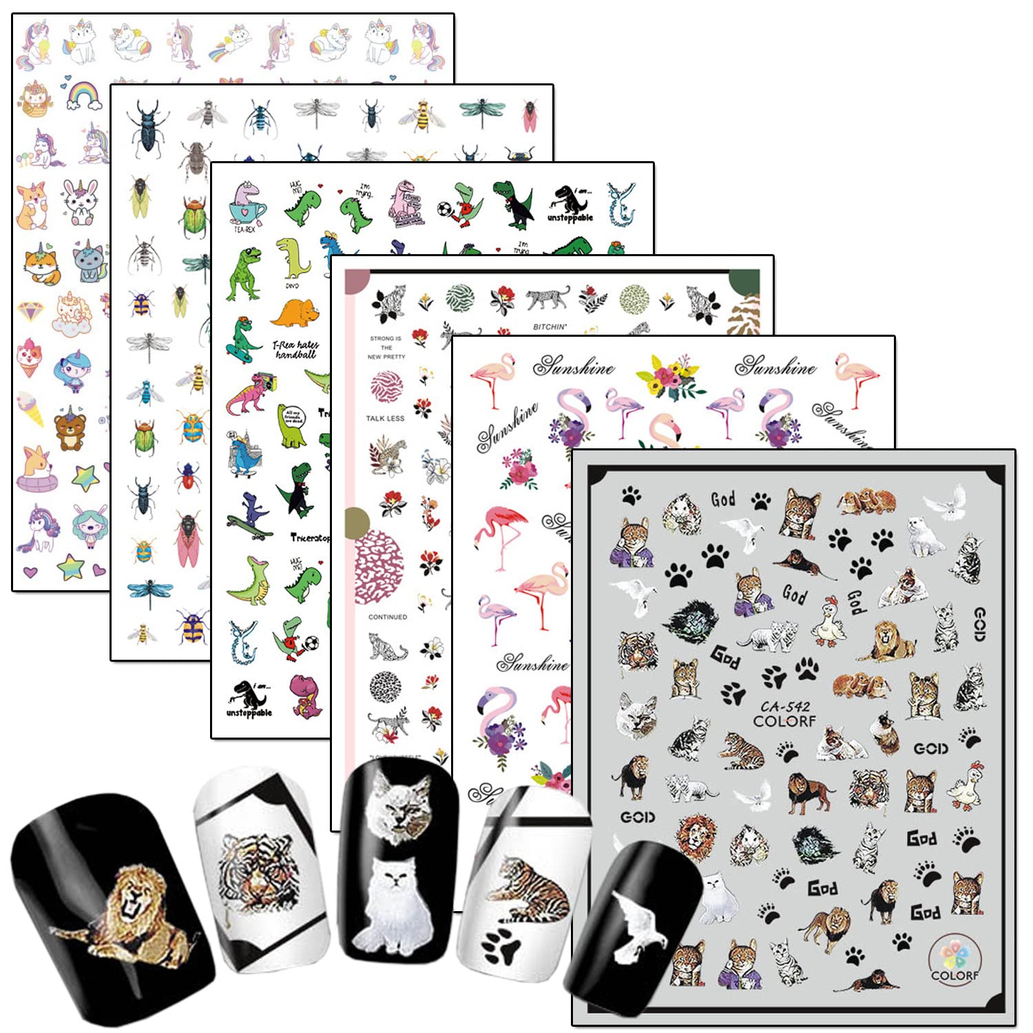Amazon.com: Cartoon Animal Nail Art Stickers, Unicorn Flamingo Insect ...