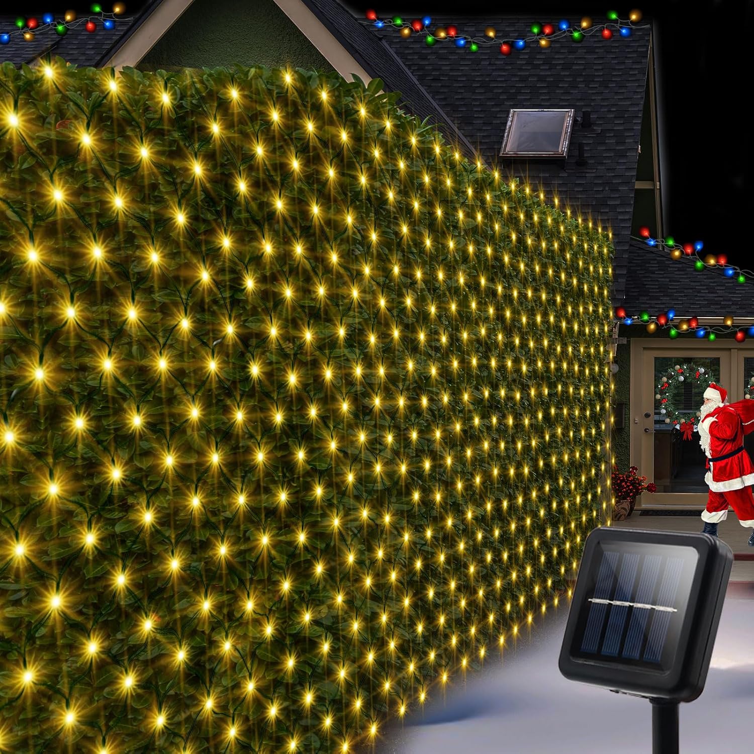 Solar Christmas Net Lights Outdoor, 100 LED 5Ft x 5Ft Bush Net Light ...