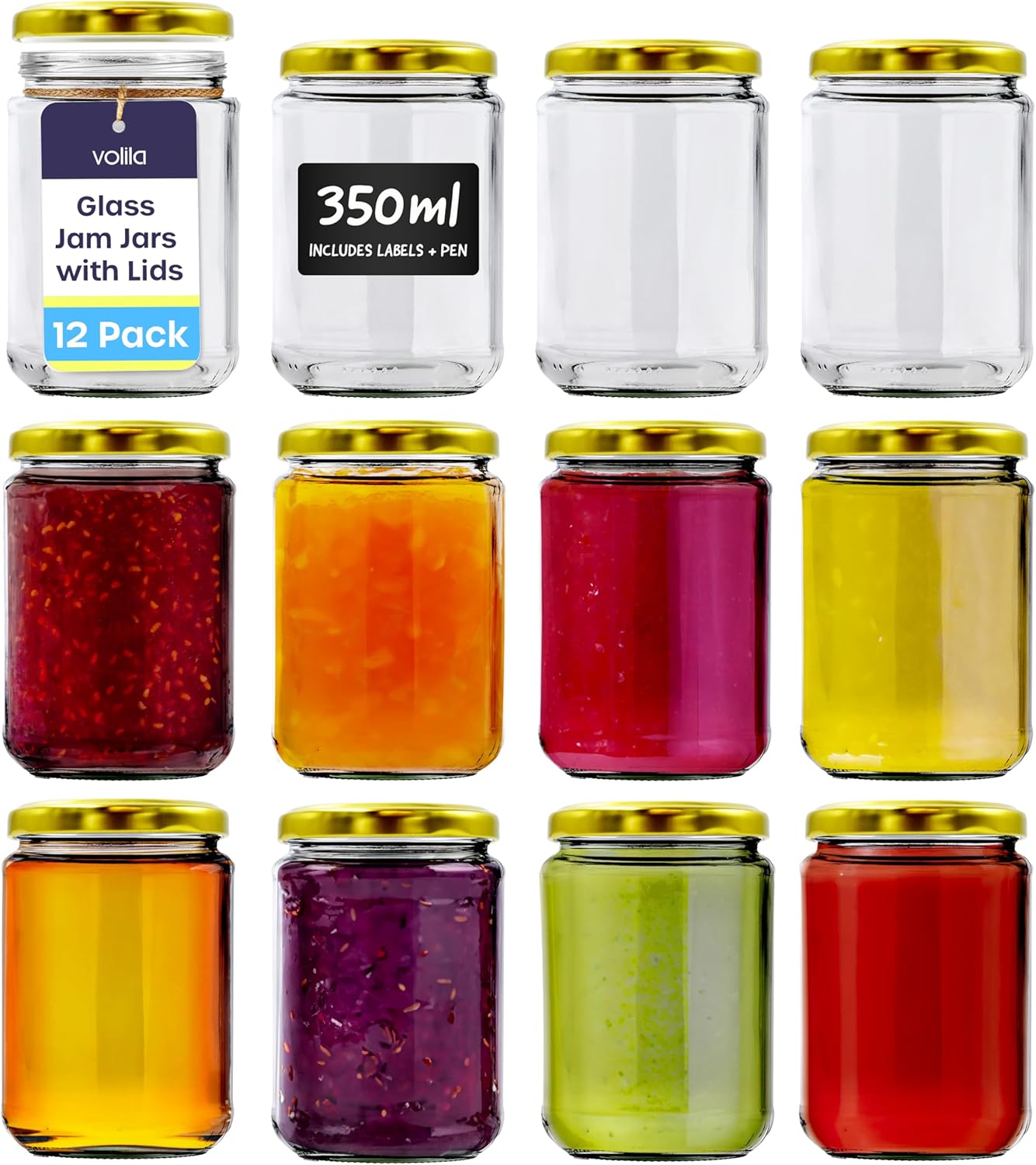 Volila Round Jam Jars with Gold Screw Top Lids - 350ml Airtight Jars ...