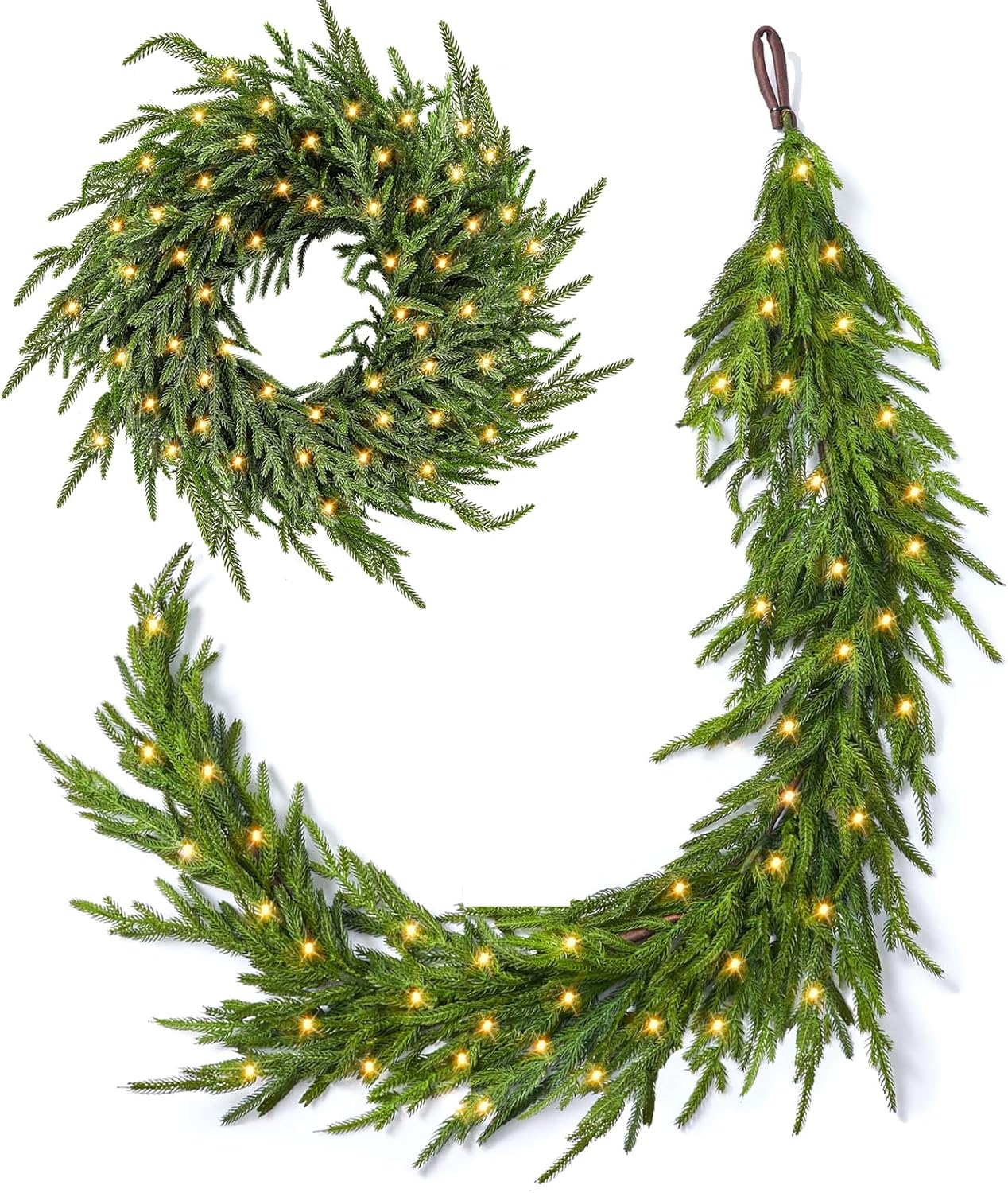 Amazon.com: ENVEN 24" Prelit Christmas Wreath, 6FT Norfolk Pine Garland ...
