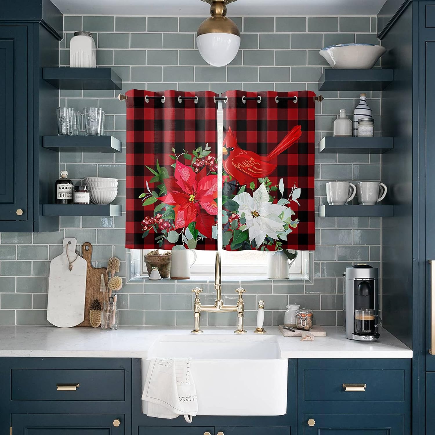 Amazon.com: 2 Panel Kitchen Curtains Christmas Cardinal on Poinsettia ...