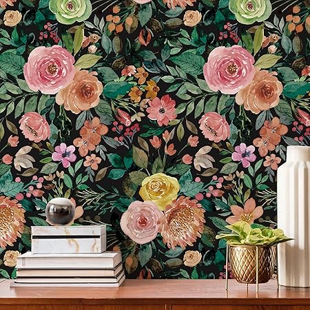 Simon&Siff Floral Peel & Stick Wallpaper, 17.3" x 120" Dark Floral Boho ...