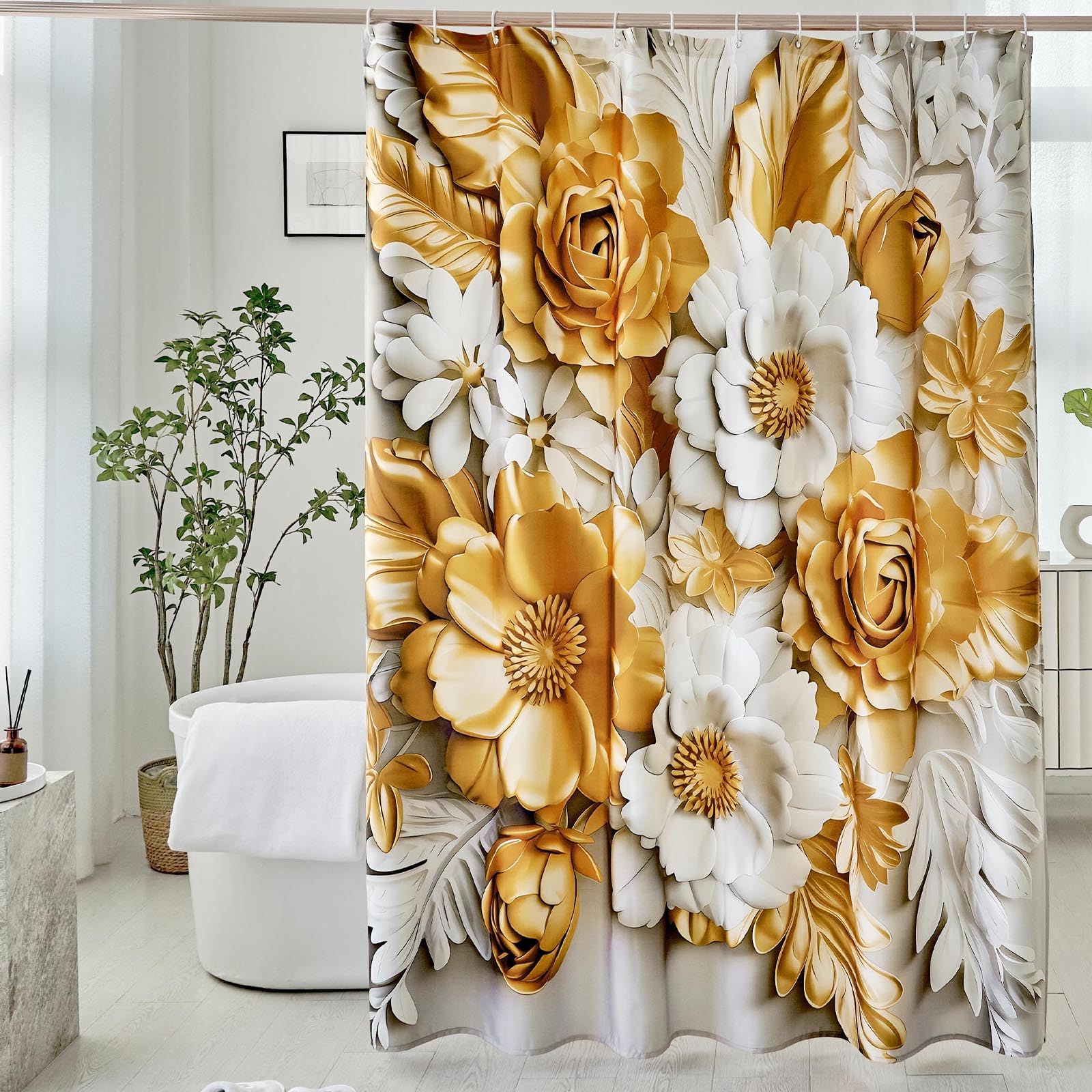 Amazon.com: MACOFE Elegant Floral Shower Curtain, Luxurious Gold ...