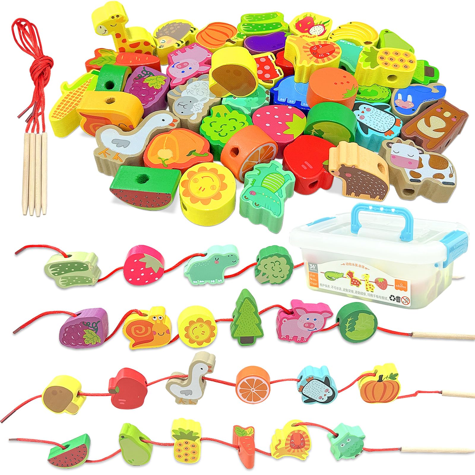 PCKOBEVER 42 Pcs Wooden Montessori Threading Toys for Toddlers 2 ...