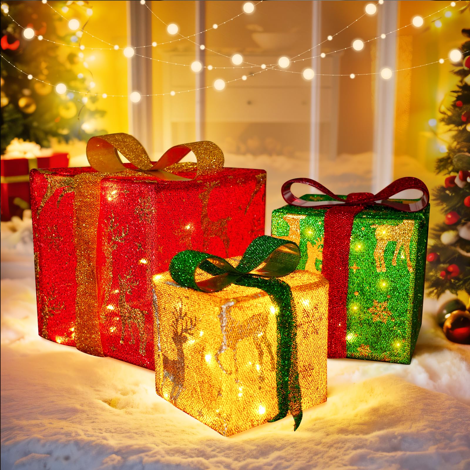 Amazon.com: Set of 3 Christmas Lighted Gift Boxes 50 LED Lighted Elk ...