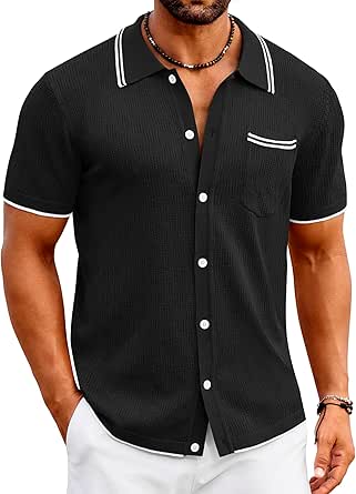 Amazon.com: COOFANDY Men's Knit Button Down Shirt Vintage Polo Shirts Short Sleeve Summer Beach ...