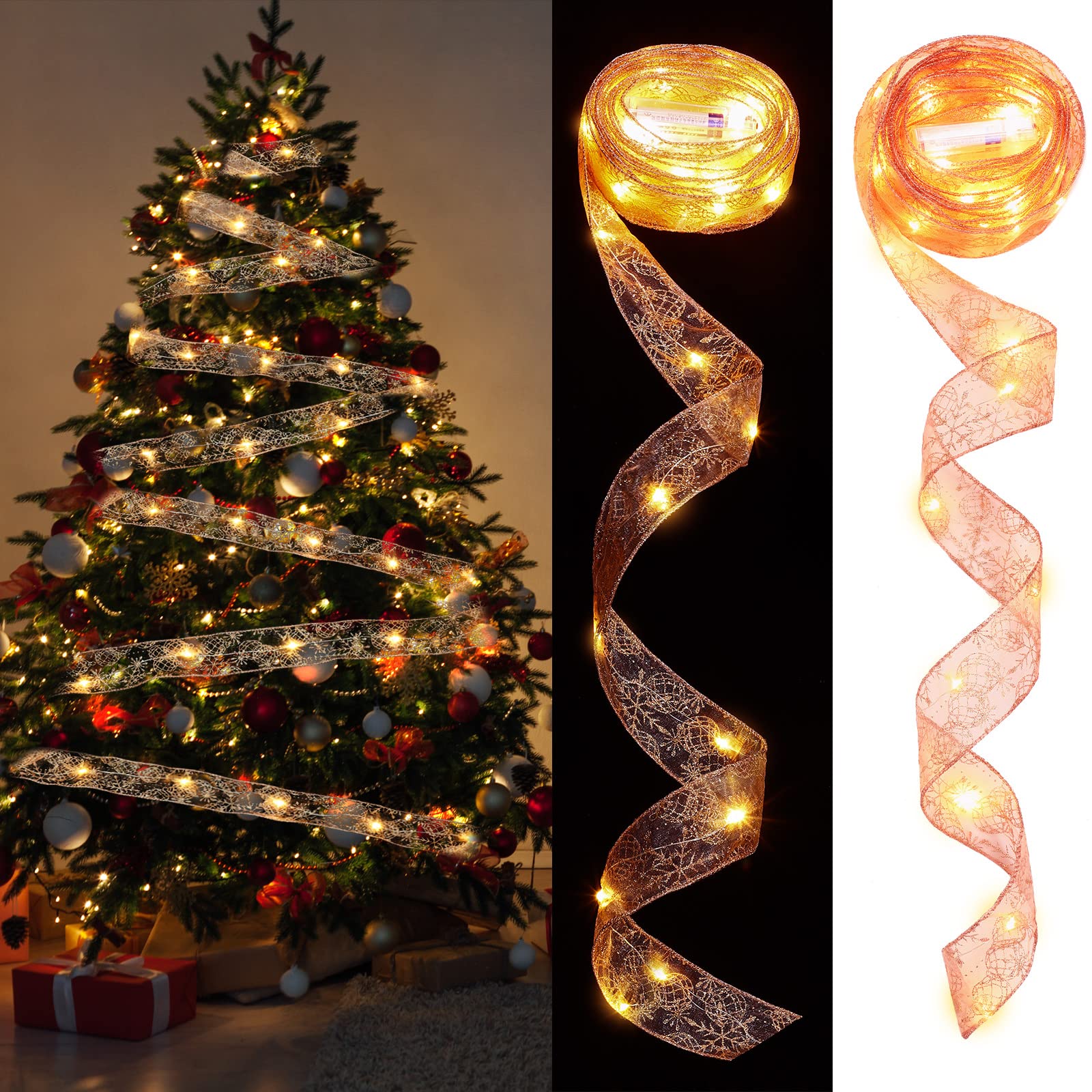 Amazon.com: Honoson 2 Pcs 32.8ft Christmas Ribbon Lights Rose Gold LED ...