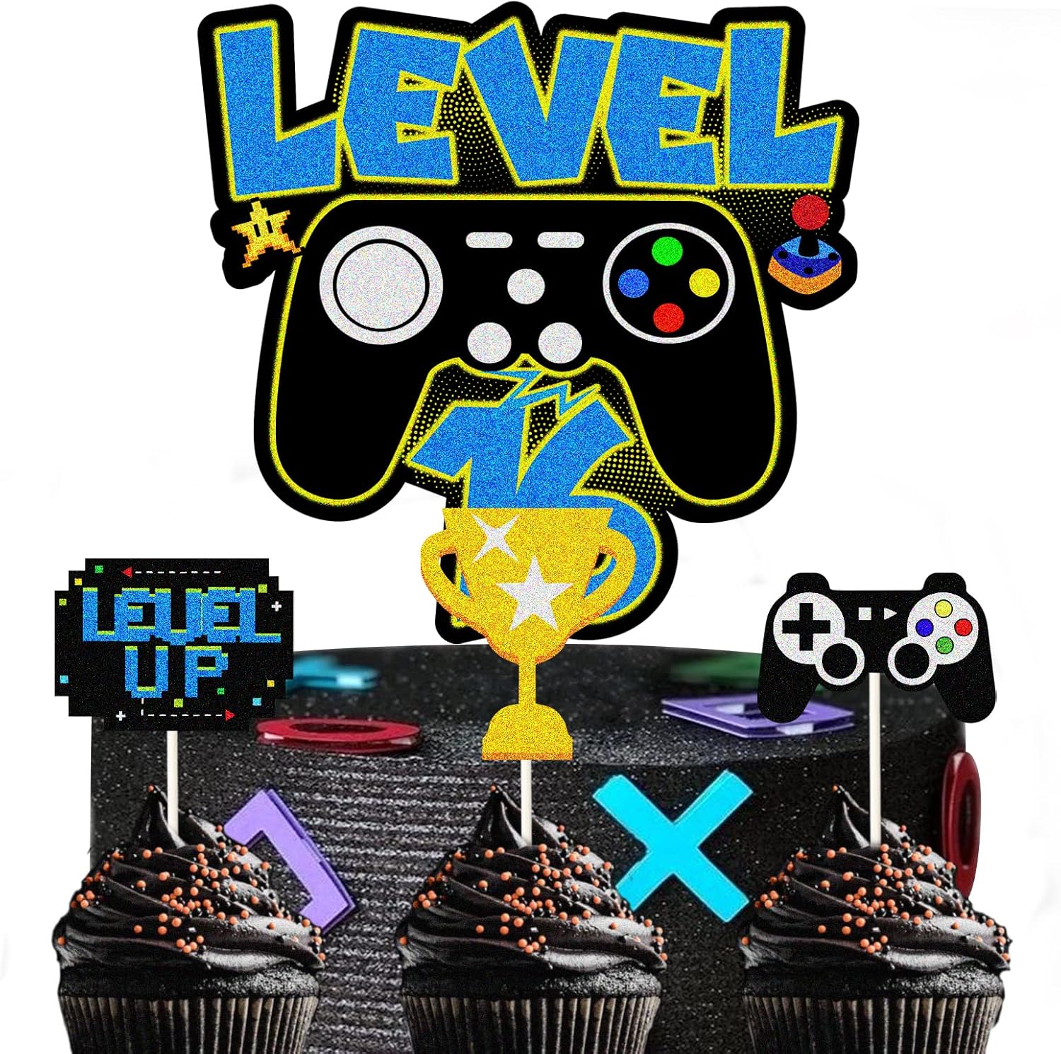 Amazon.com: 4PCS Level 16 Birthday Cake Toppers - Blue Glitter Video ...