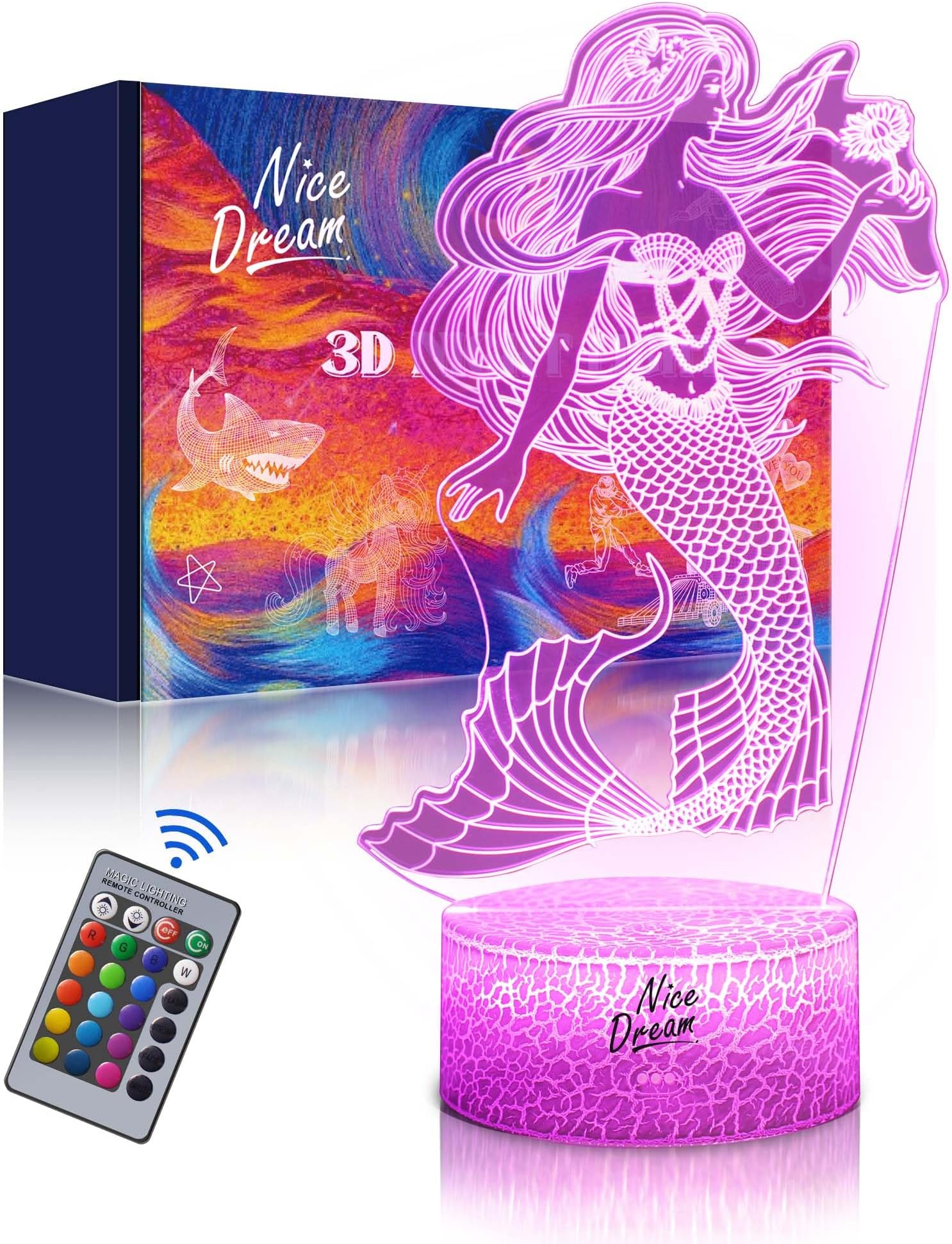 Amazon.com: AZALCO Mermaid 3D Night Light for Girls,16 Colors Dimmable ...