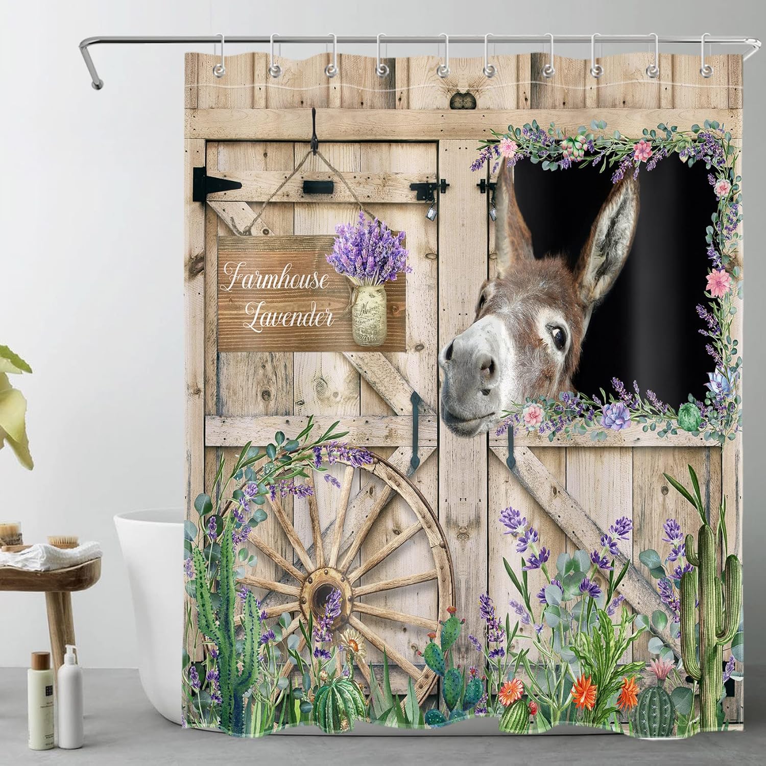 LB Farmhouse Donkey Shower Curtain Green Cactus Purple Floral Shower ...