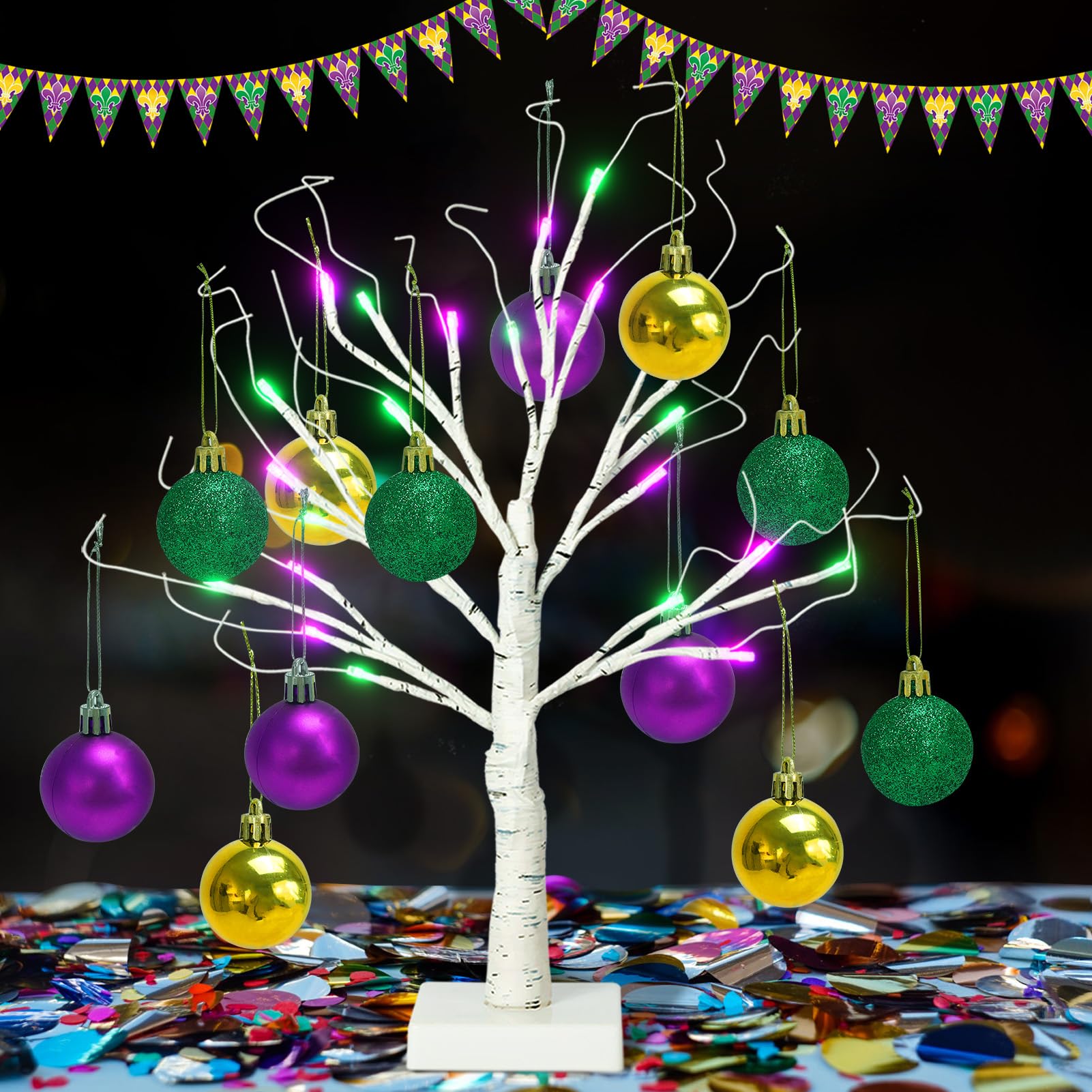 Amazon.com: 24'' Mardi Gras Lighted Tabletop Birch Tree with 12pcs Ball ...