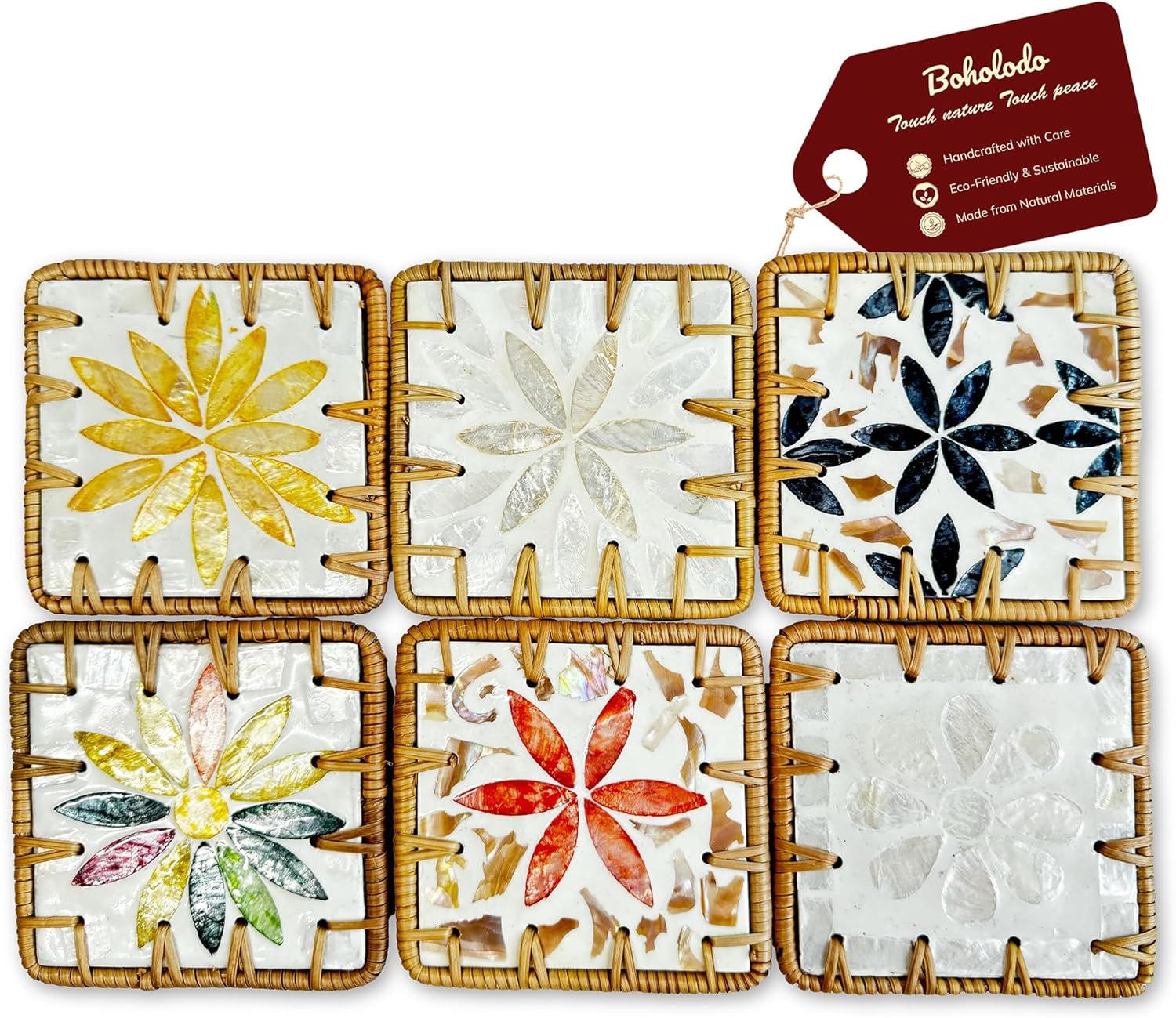 Amazon.com | Handmade Rattan Coaster Set of 6, Cute Square Coasters ...