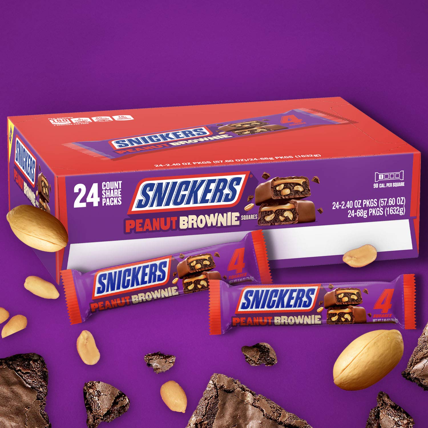 Buy Snickers Peanut Brownie Squares Share Size Chocolate Candy Bar, 2.4 ...