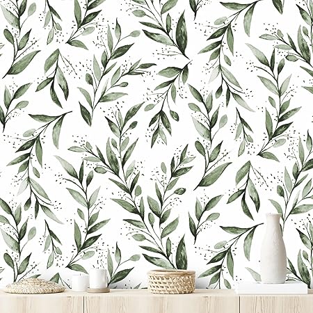 FOWITFUR Peel and Stick Wallpaper Nuwallpaper Modern Green Leaf Floral ...