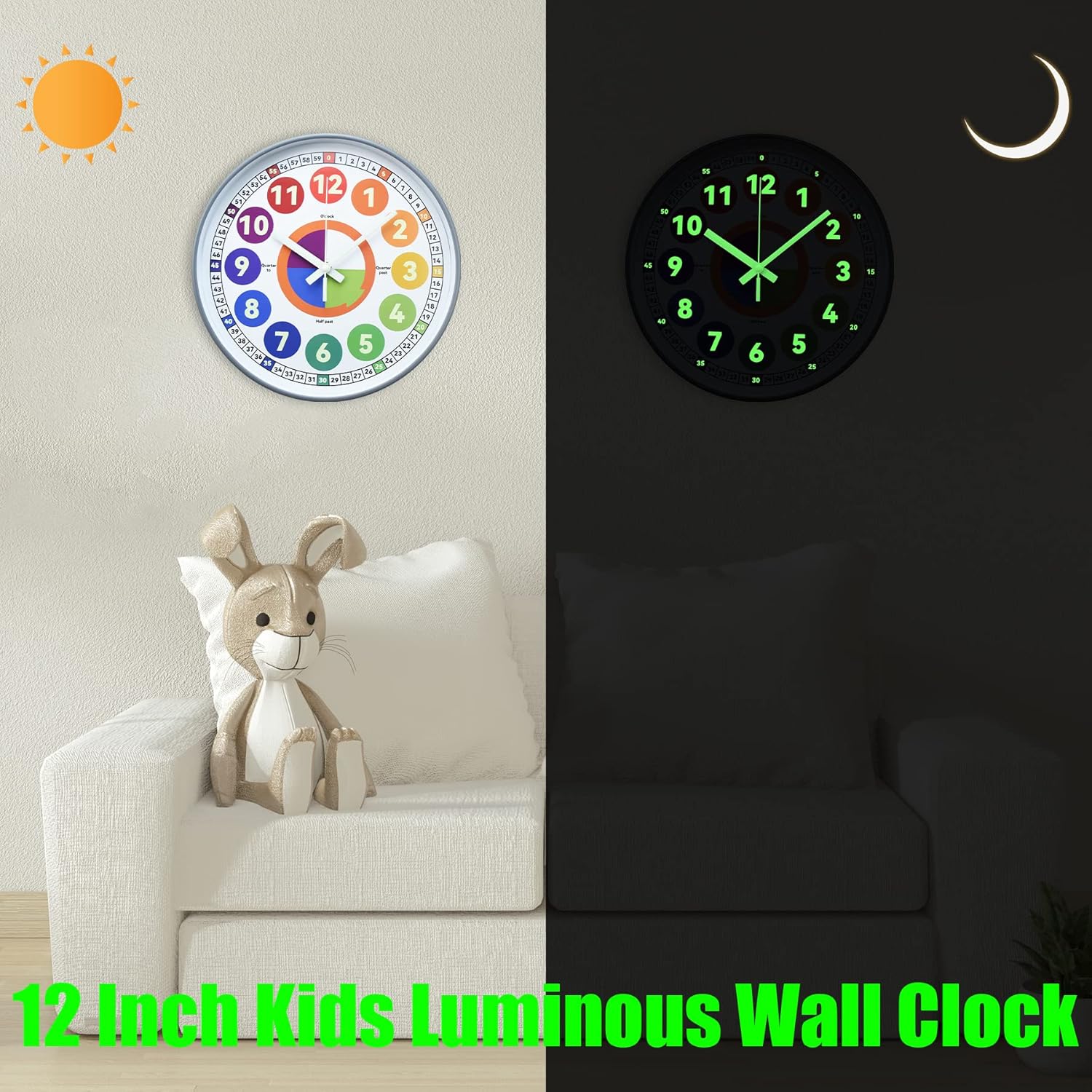 Kids Clock, Learning Clock for Kids Teaching Clock Telling Time for Boys Girls 12 inch Luminous ...