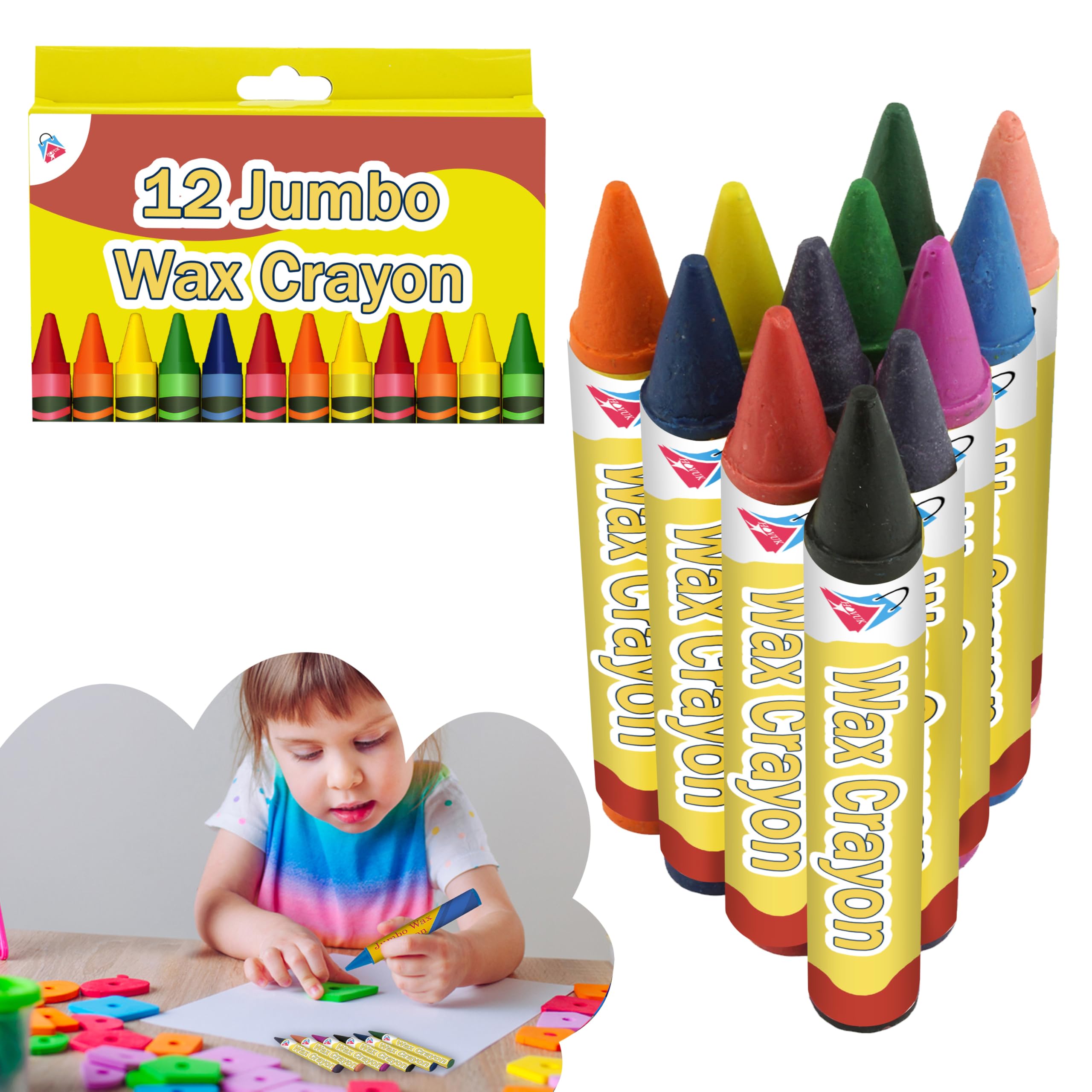 HOVUK Jumbo Crayons for Toddlers, 12 Colors Kids Jumbo Wax Crayons Safe ...